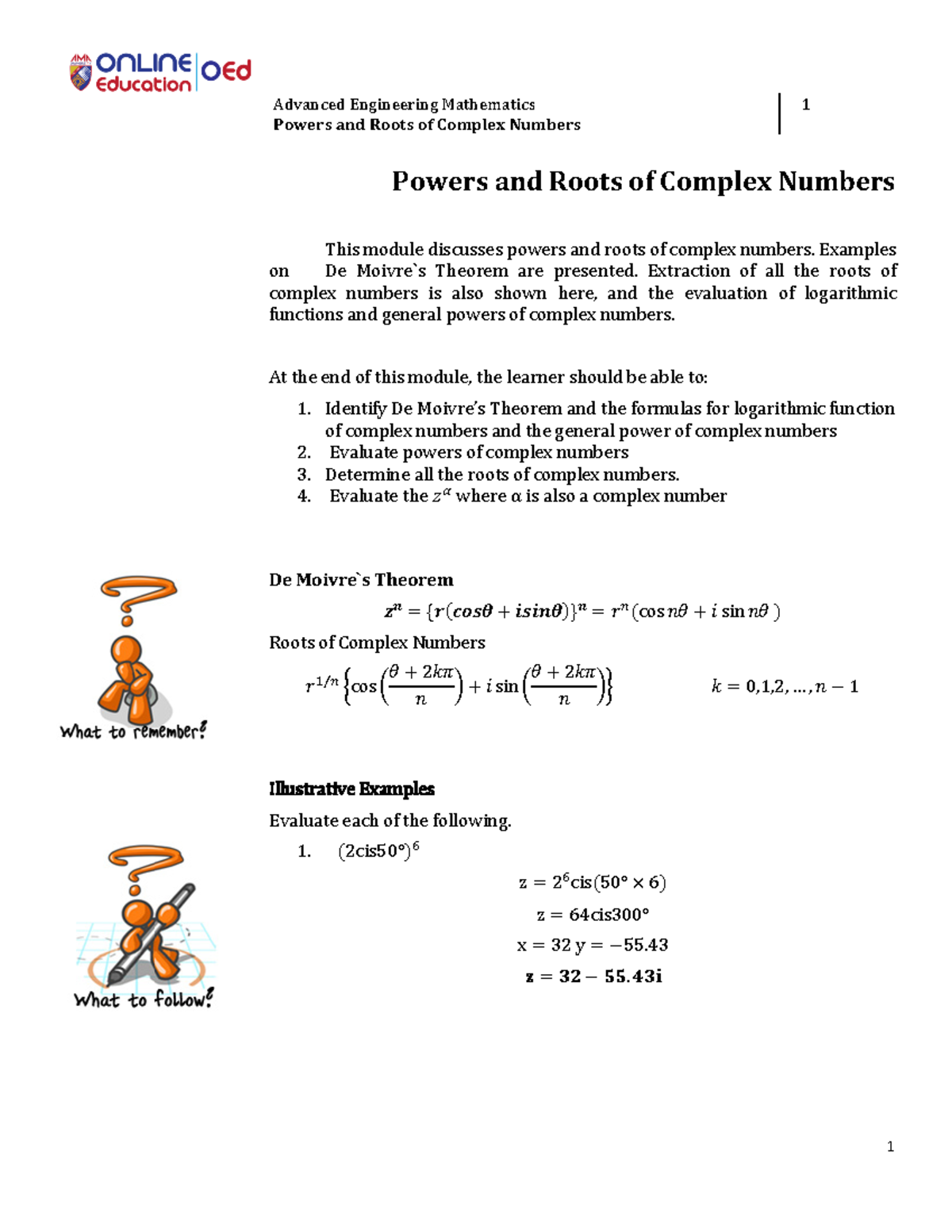 Week 2 - Powers and Roots of Complex Numbers - Powers and Roots of ...
