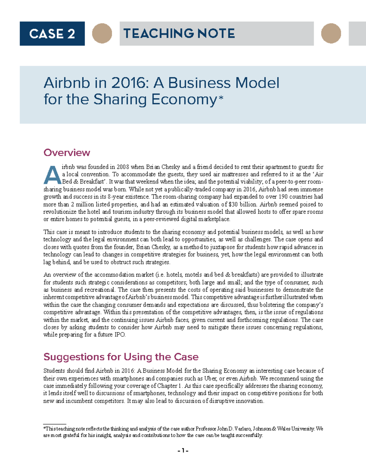 Ch2 Case SM 21e - CASE 2 TEACHING NOTE Airbnb in 2016: A Business Model ...