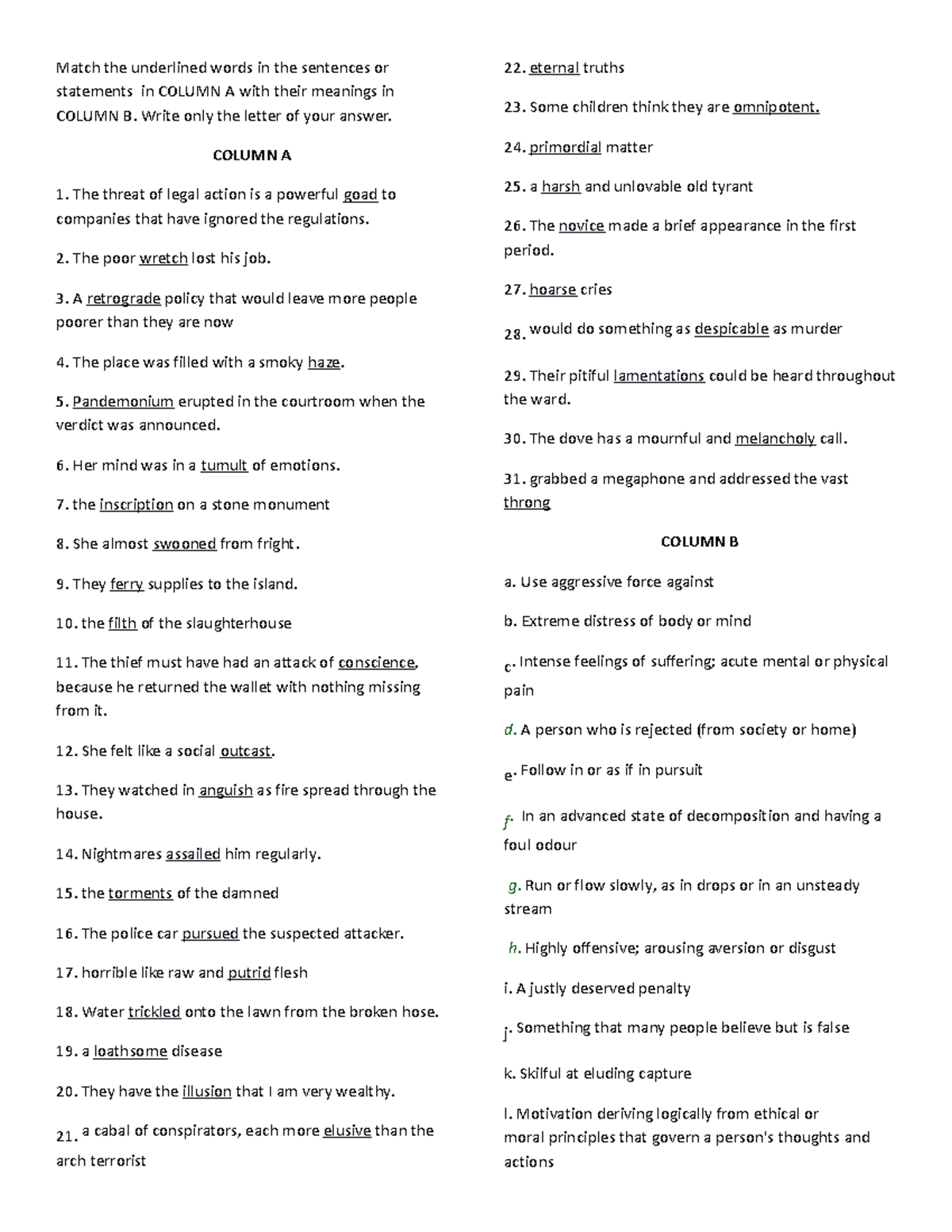 Inferno vocabs - lesson - Match the underlined words in the sentences ...