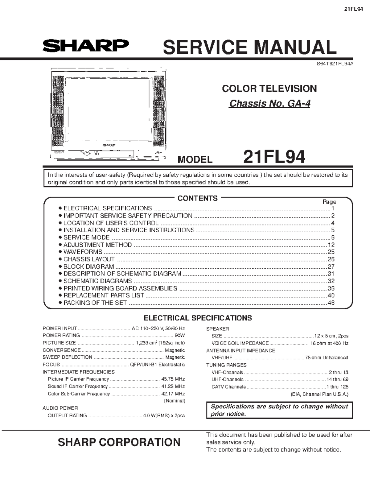 Sharp 21fl94 ch ga-4 - SHARP CORPORATION This document has been published to be used for after ...