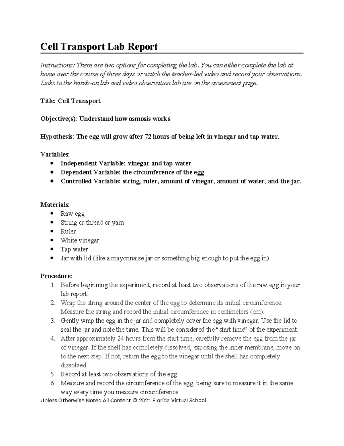 2 - Chemistry Lab - Cell Transport Lab Report Instructions: There are ...