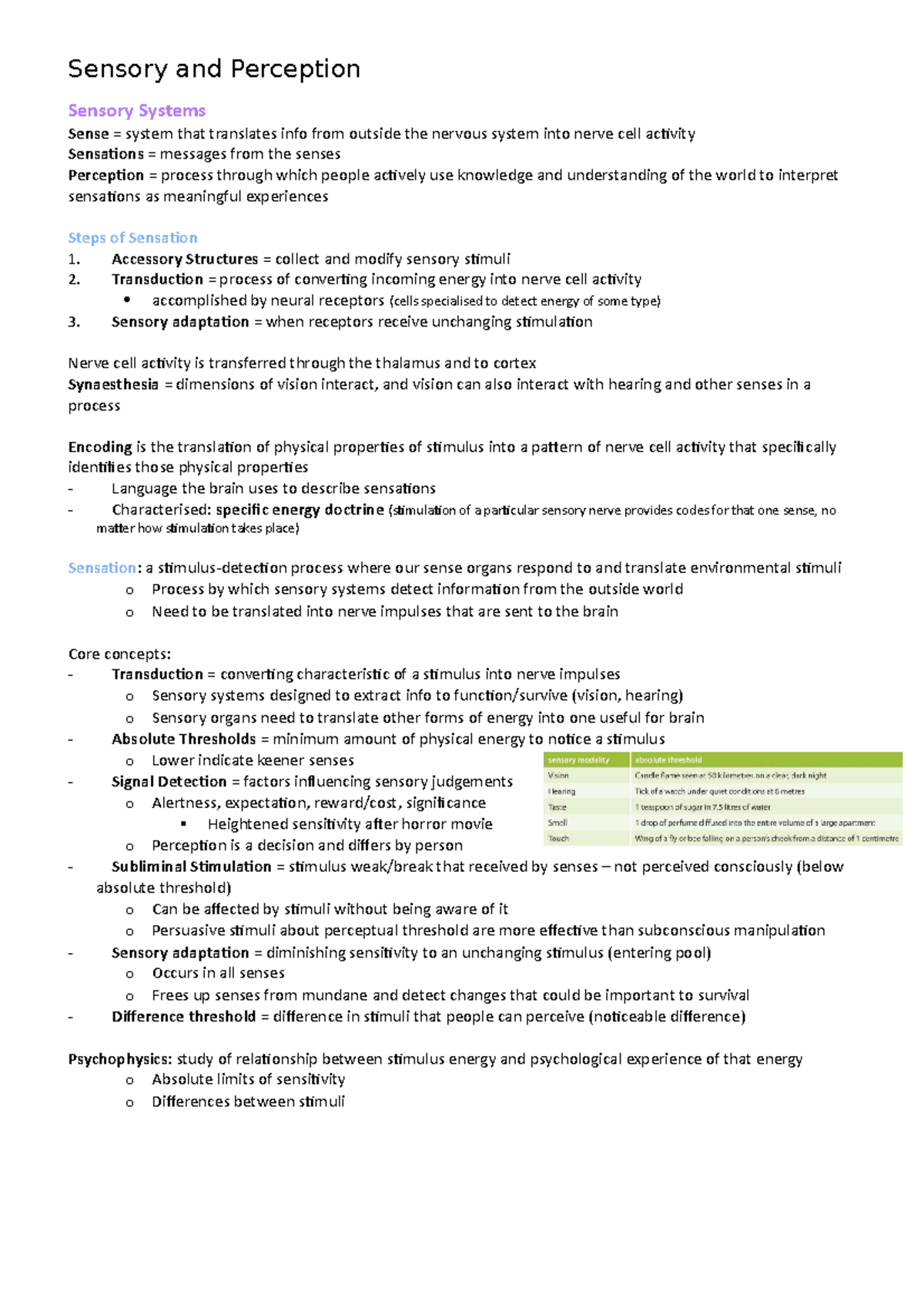 Sensory and perception week 5 notes - Sensory Systems Sense = system ...