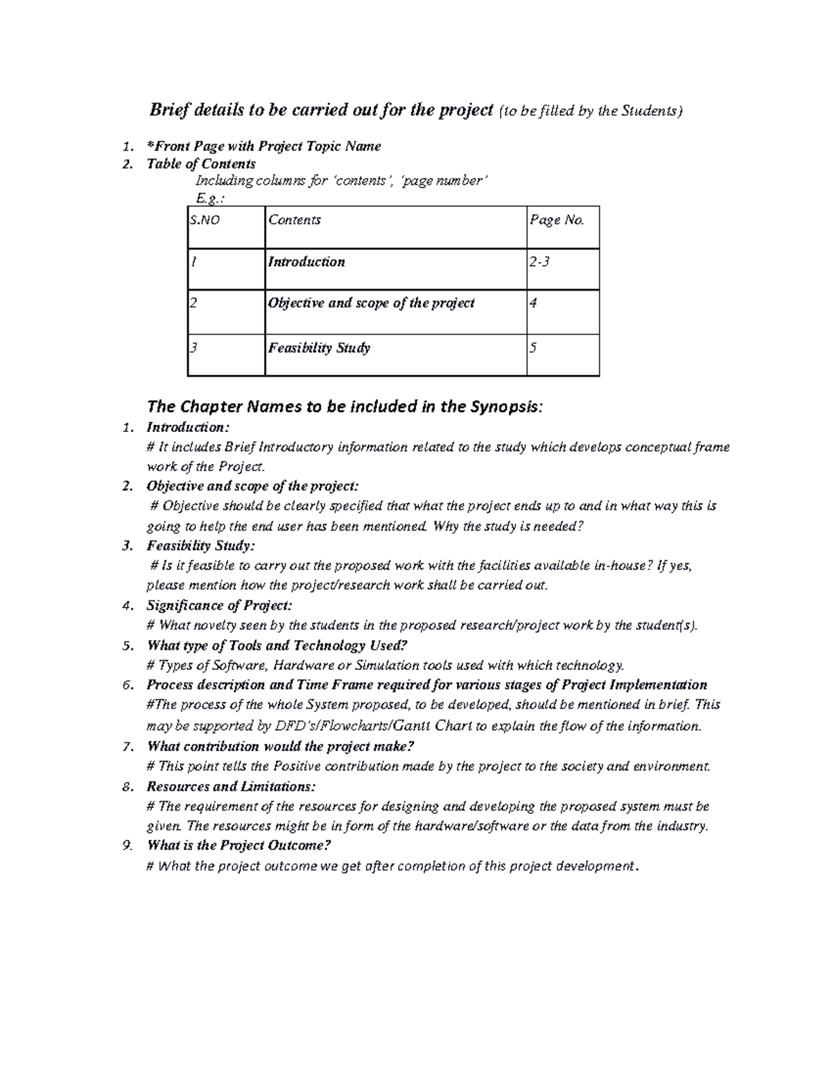 Synopsis format to be filled by students - Brief details to be carried ...