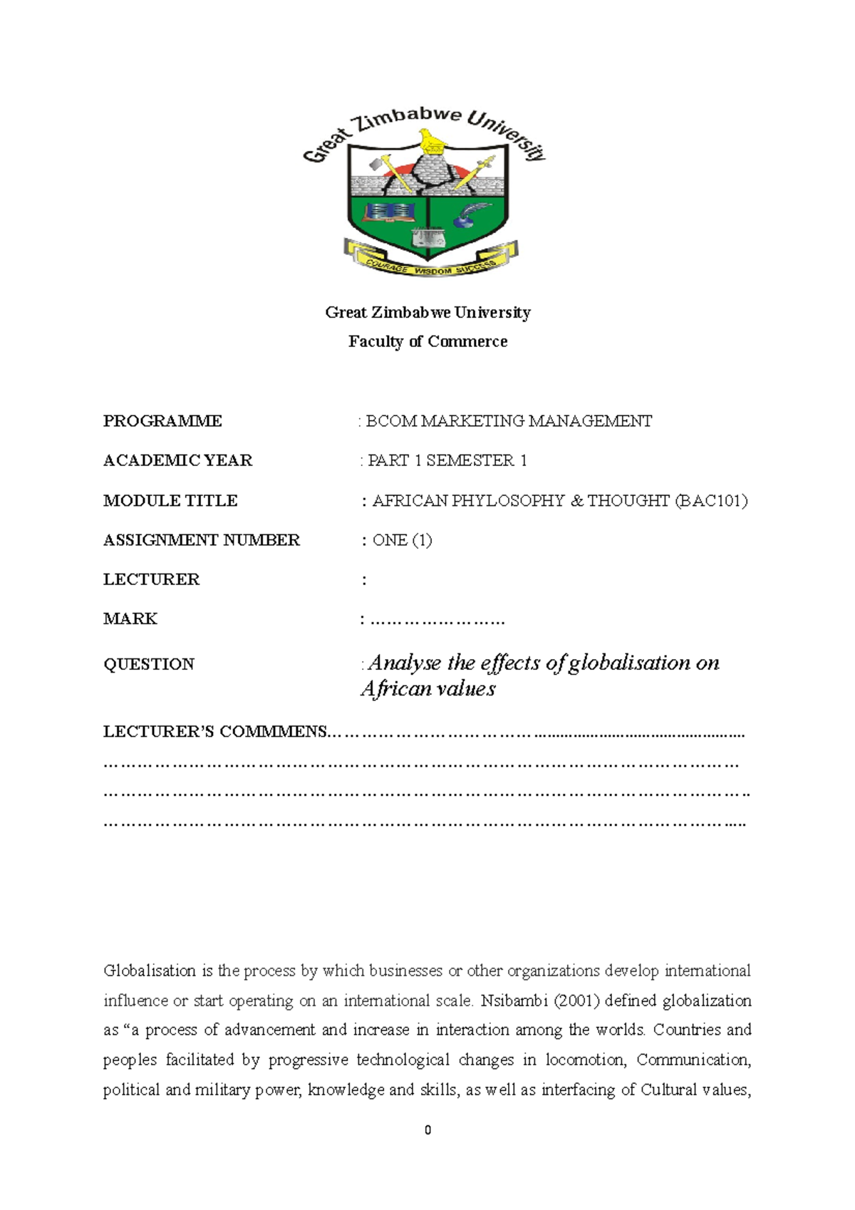 Globalisation - case study - Great Zimbabwe University Faculty of ...