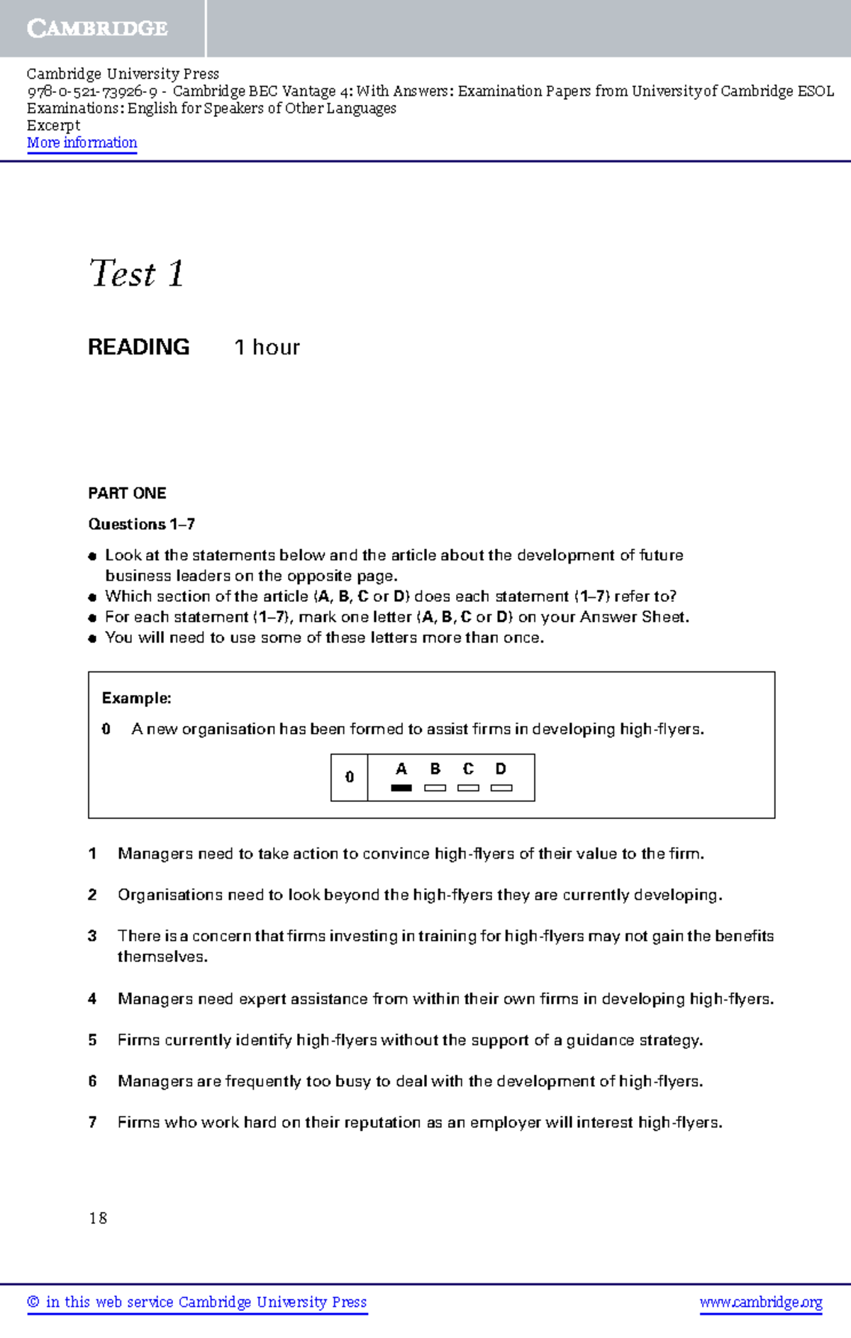 9780521739269 excerpt - Test 1 READING 1 hour PART ONE Questions 1 ...