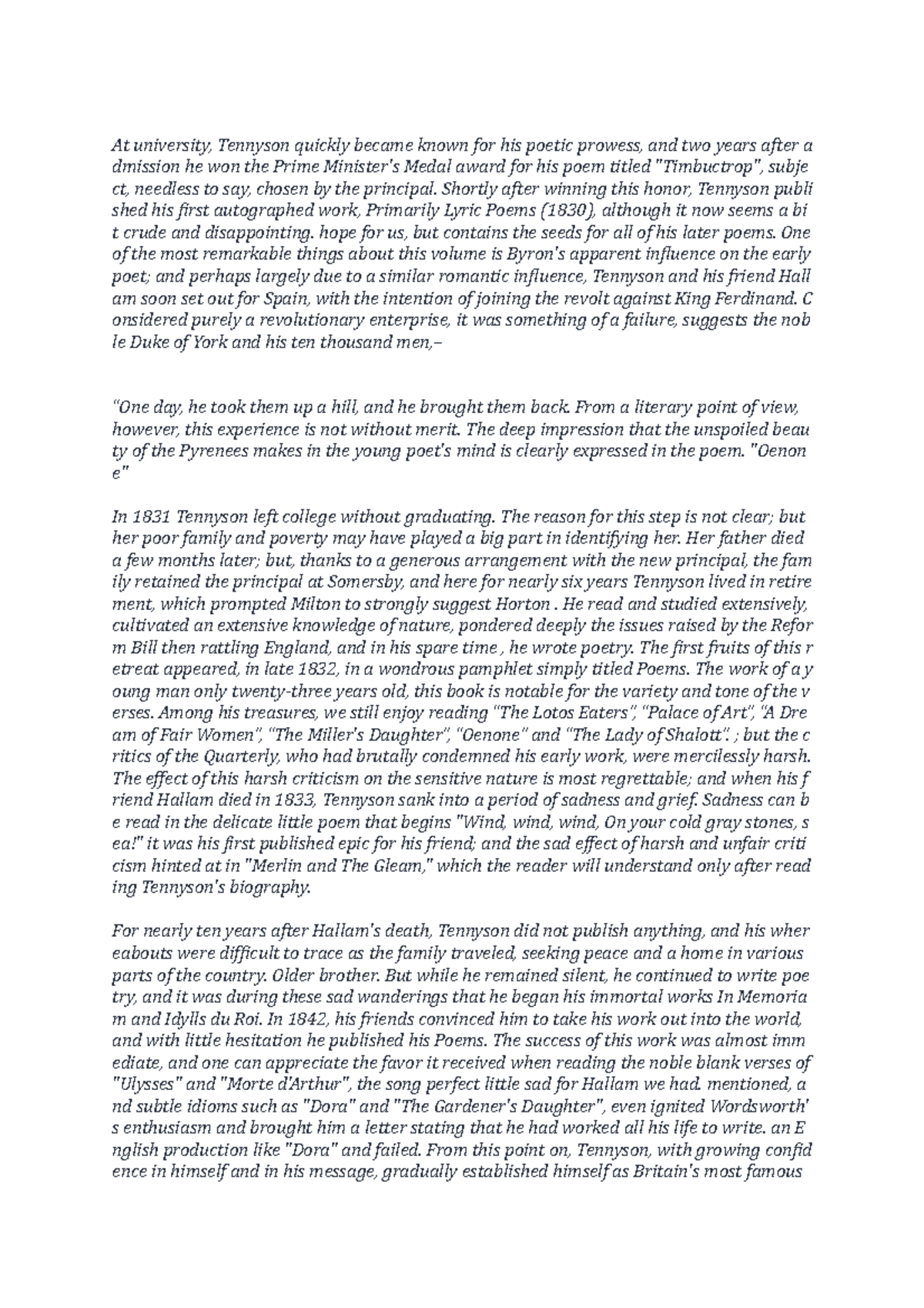 English Literature 58 - At university, Tennyson quickly became known ...