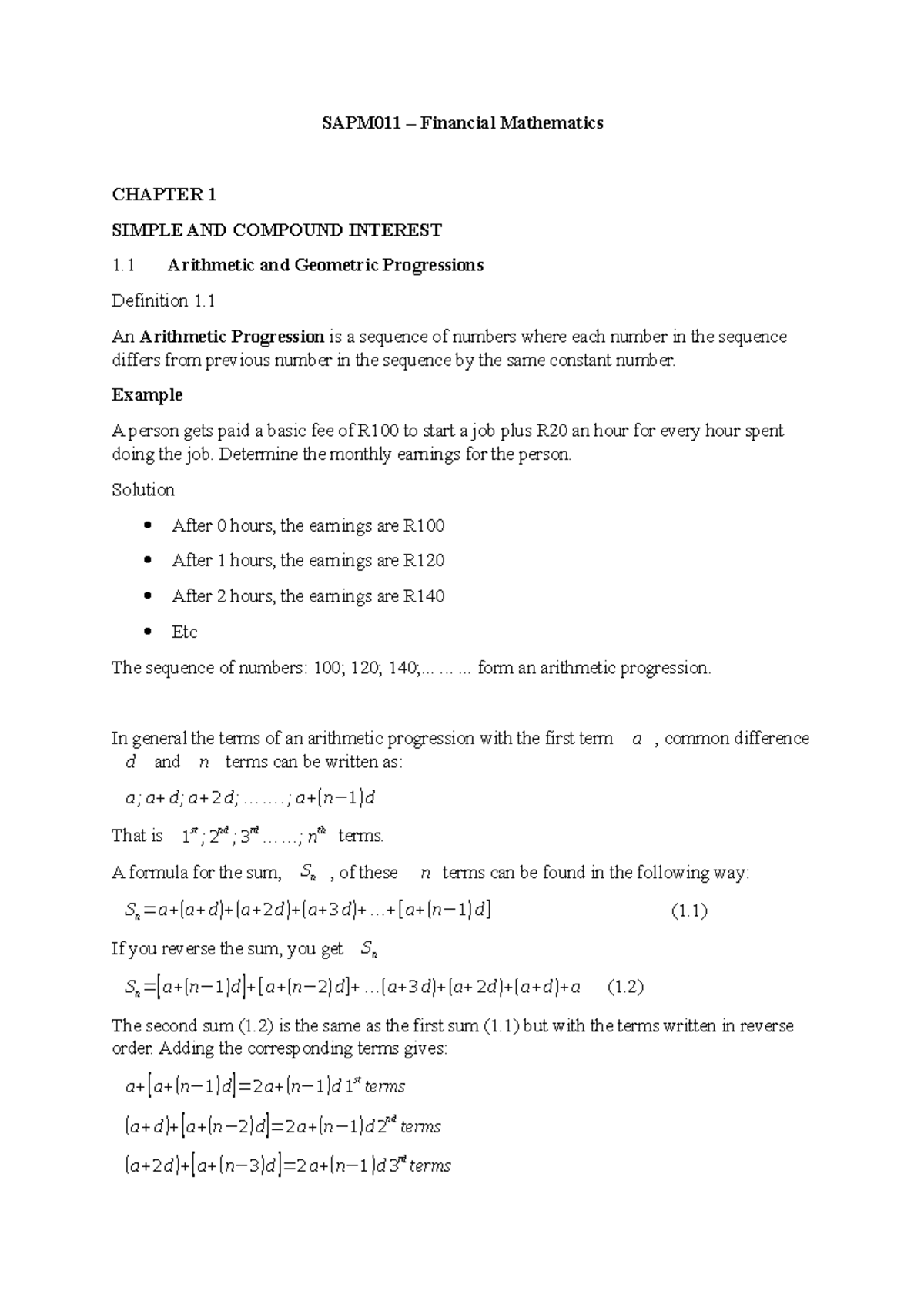 2017 SAPM011 - Financial Mathematics Lecture Notes - SAPM011 ...