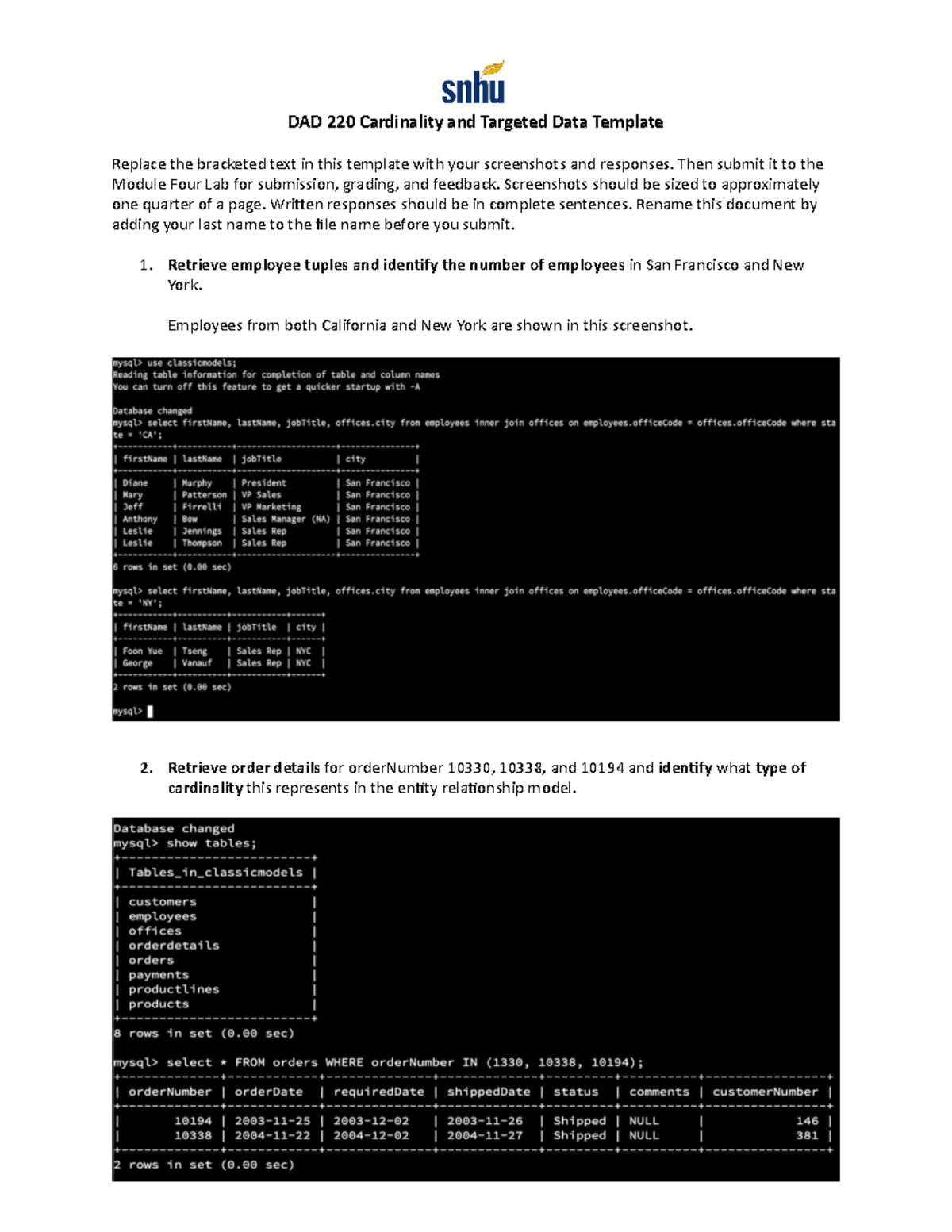 DAD 220 Cardinality and Targeted Data Template Jean - Then submit it to ...