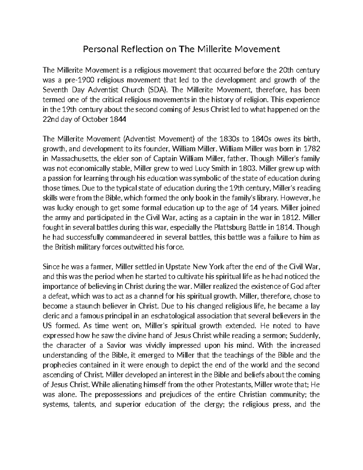 Student Id 240082 - Personal Reflection on Millerite movement ...