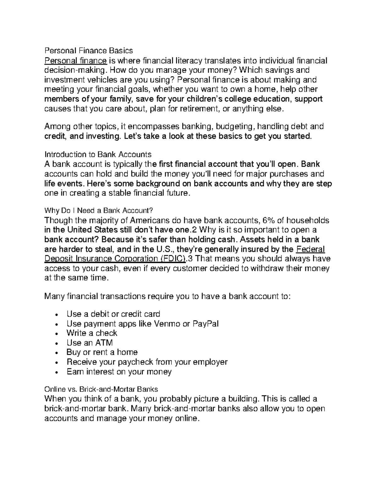 Personal Finance Basics - Personal Finance Basics Personal finance is ...