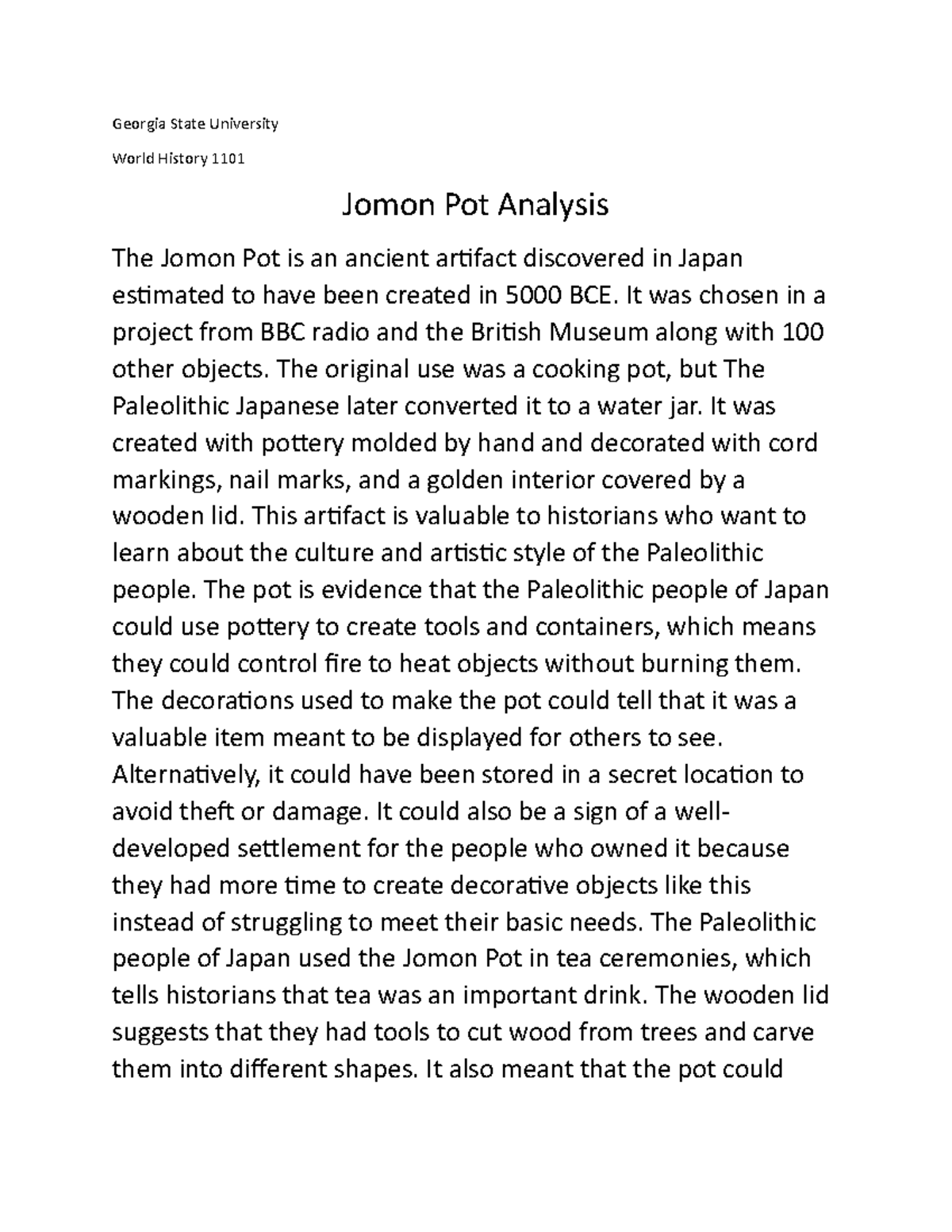 Jomon Pot Full Analysis - Georgia State University World History 1101 ...