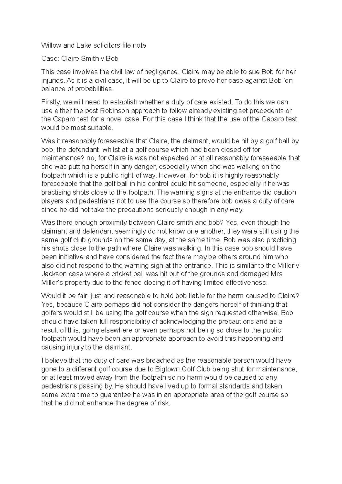 Claire v bob solicitor file note - Willow and Lake solicitors file note ...