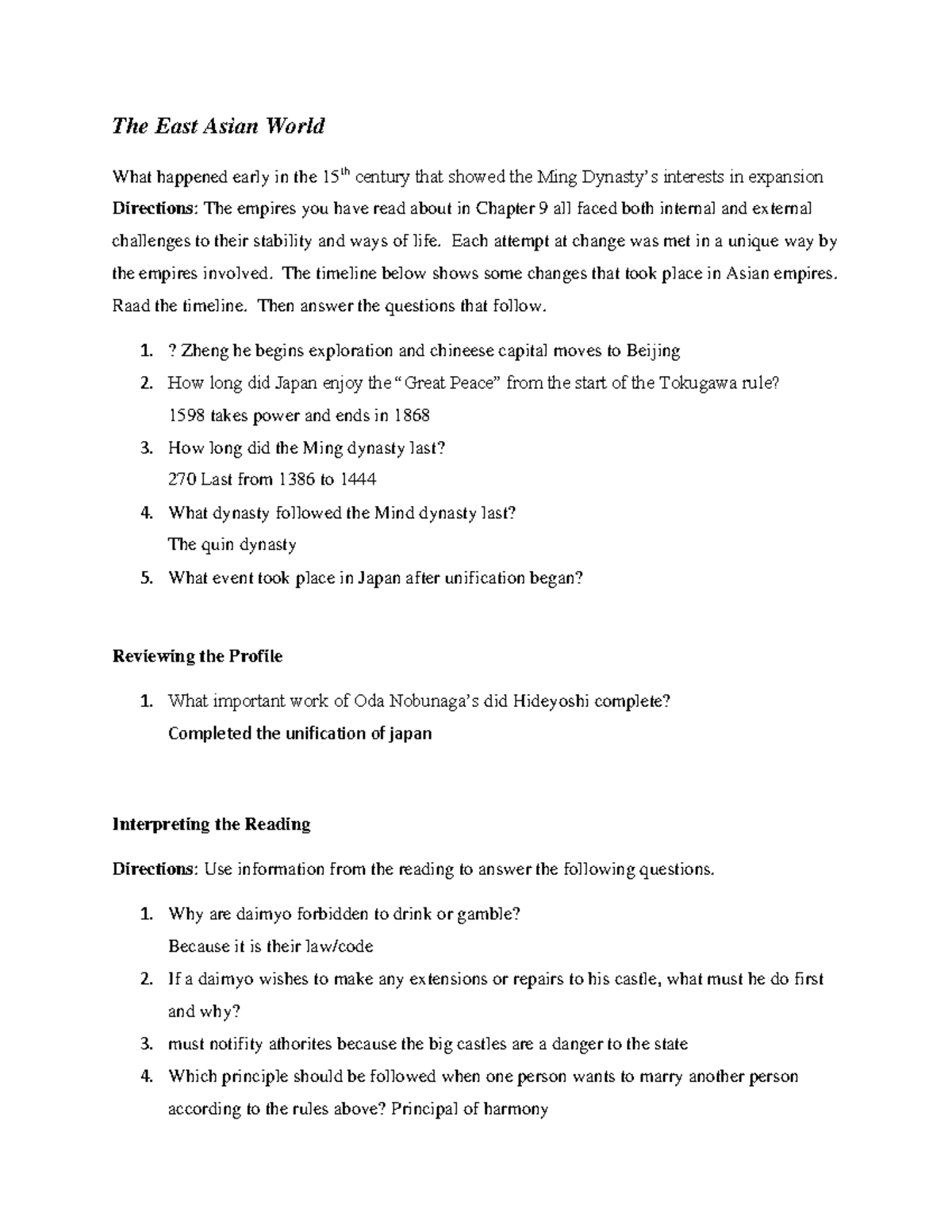 413 Tokugawa Seminar 2 - semester 2 lecture answers - The East Asian ...