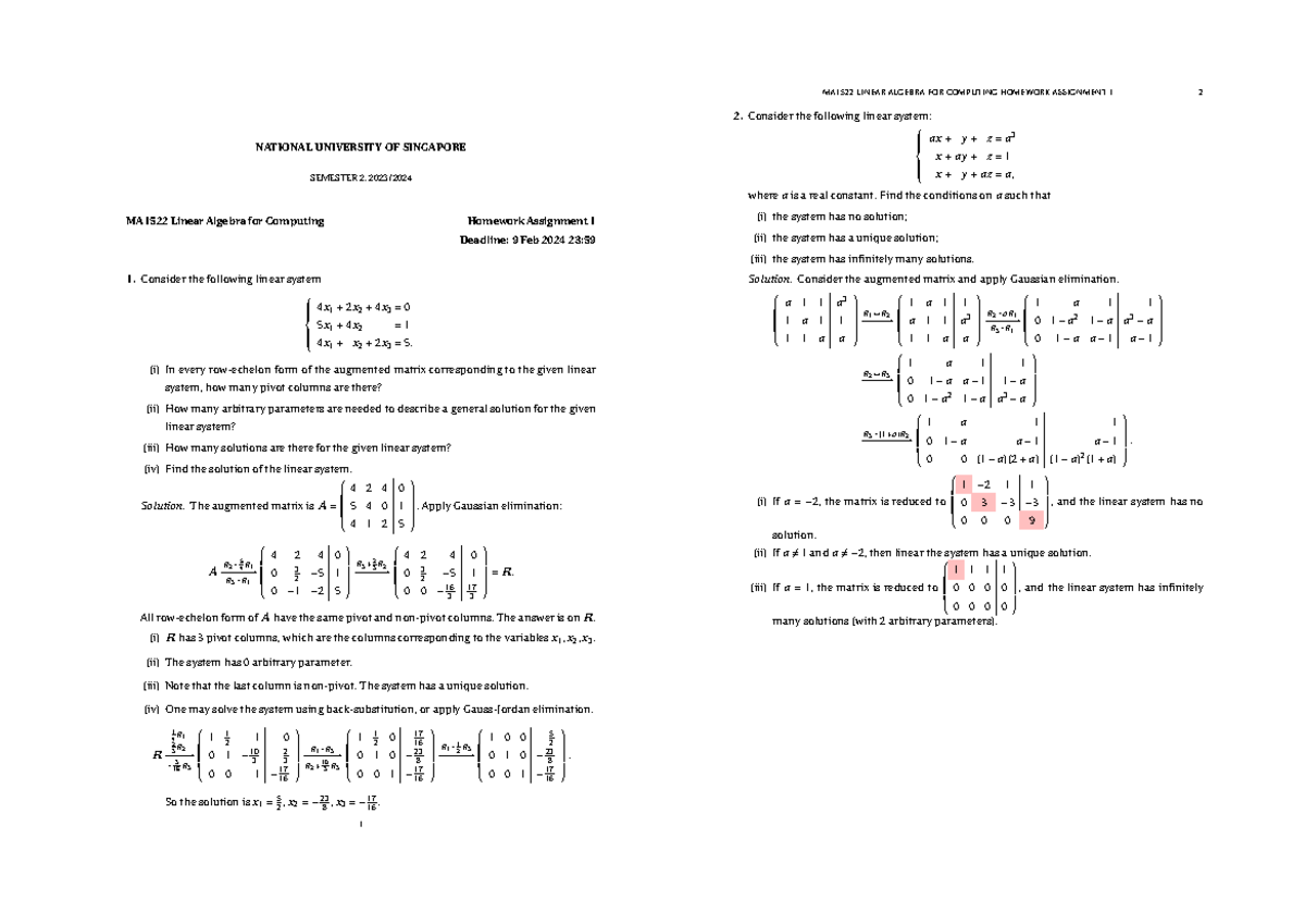 Assignments - Consider the following linear system ⎧ ⎪⎪⎨ ⎪⎪⎩ 4 x 1 + 2 x 2 + 4 x 3 = 0 5 x 1 + 4 ...