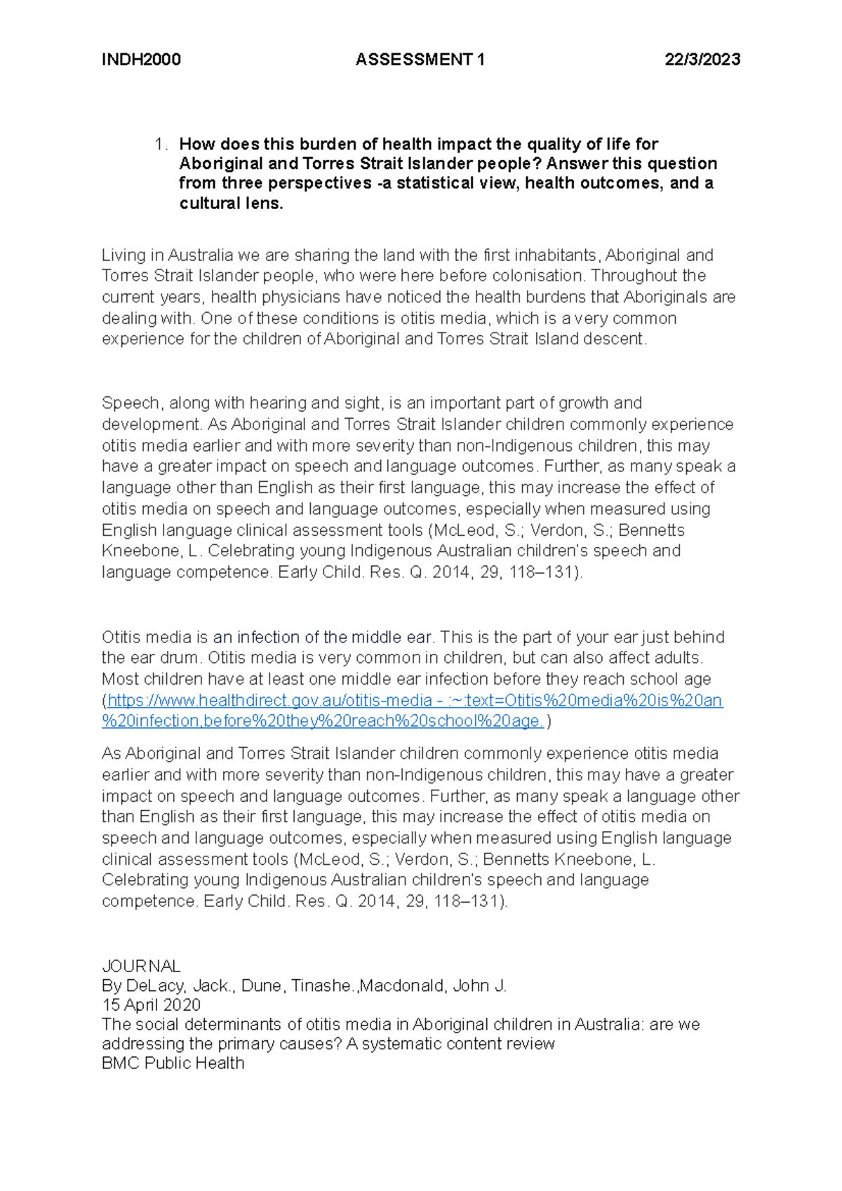 INDH2000 Assessment 1 - Nursing for the Indigenous Community - How does ...