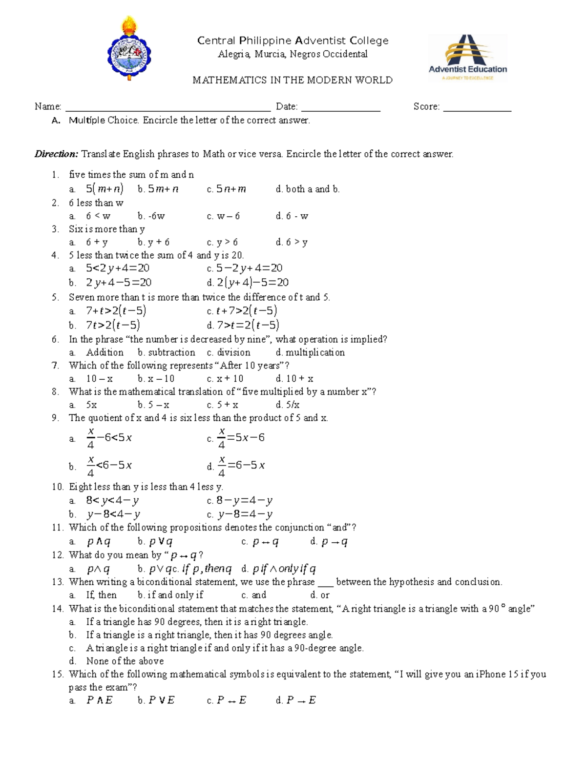 EXAM WITH TOS - Exam in MMW with TOS - Central Philippine Adventist ...