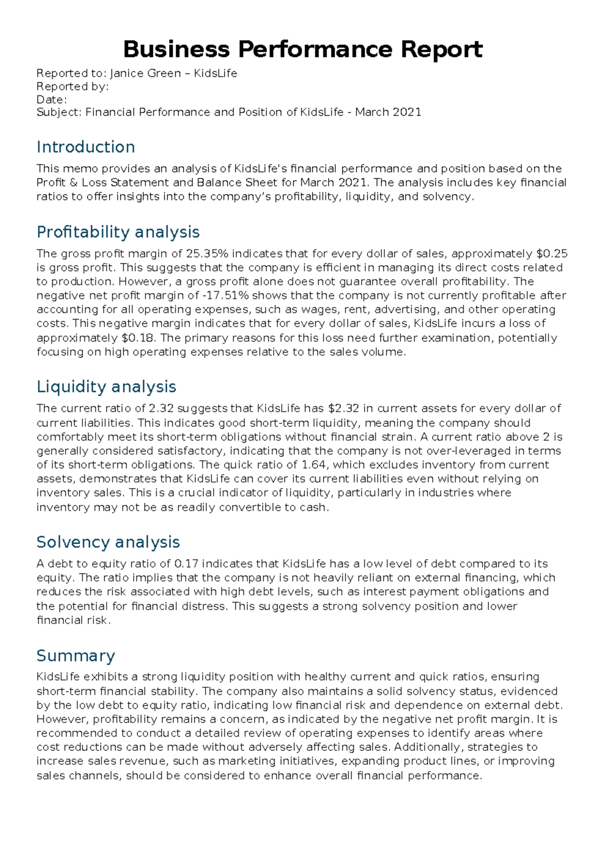 A2 - MYOB Business Performance Report - Business Performance Report ...