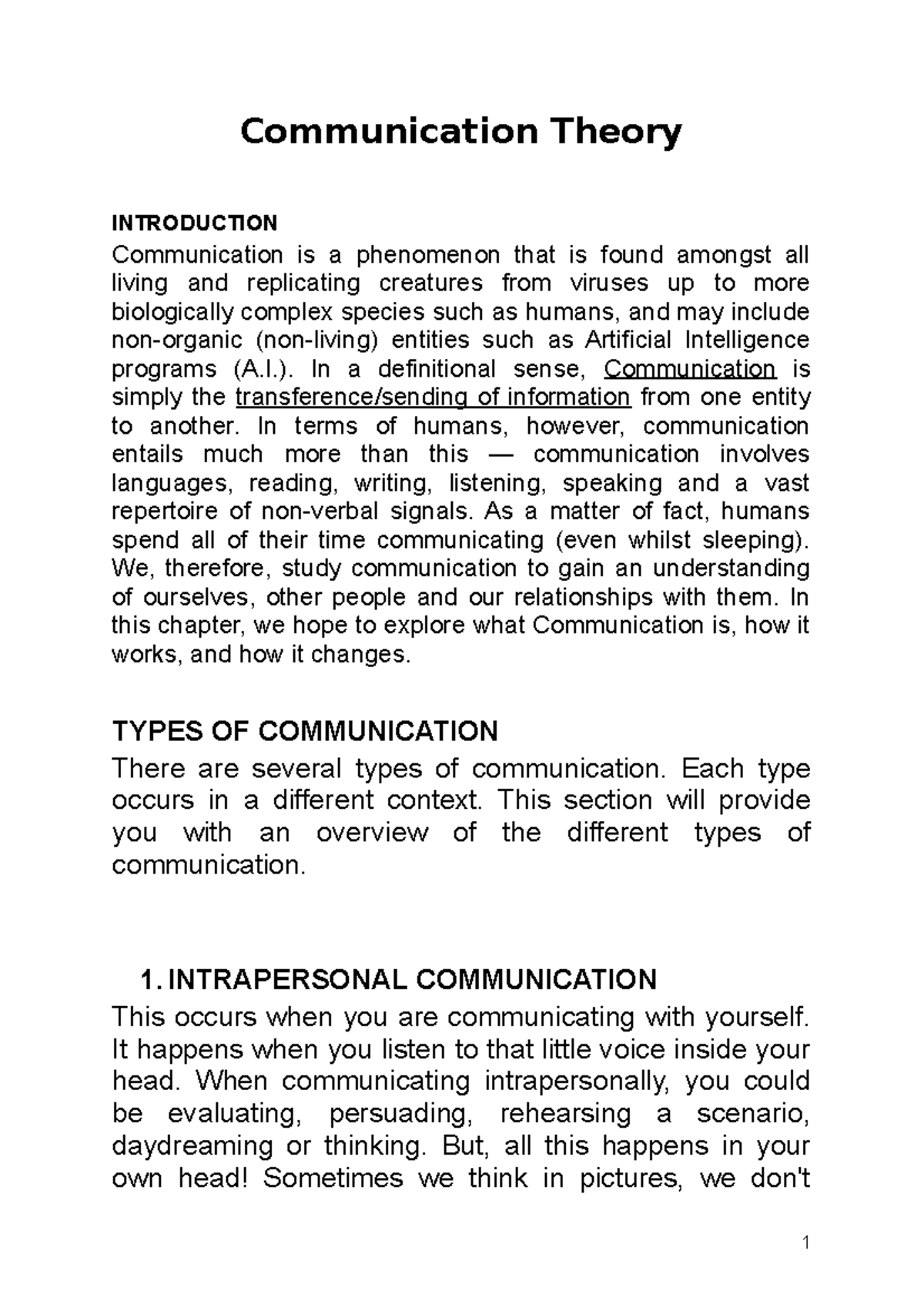 Communication Theory - COS1A11 - Communication Theory INTRODUCTION ...