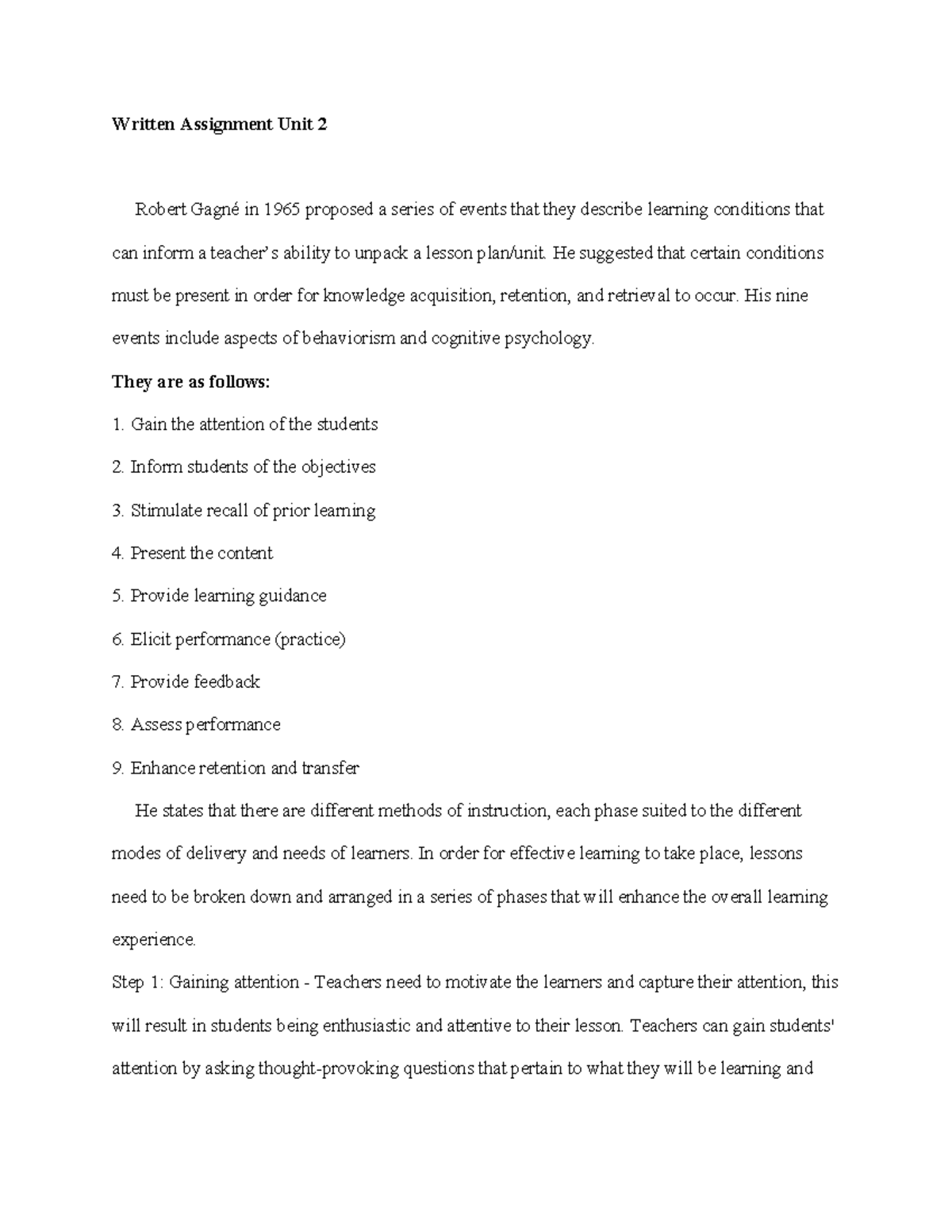 Written Assignment Unit 2 copy - Written Assignment Unit 2 Robert Gagné in 1965 proposed a ...