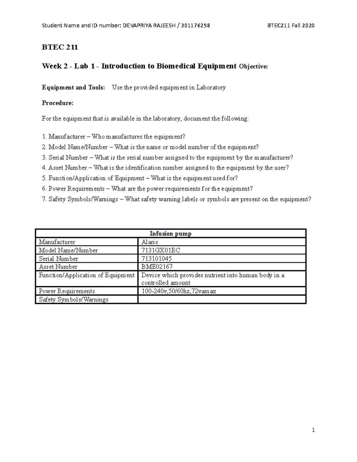 BTEC211 Week 1- Lab 1 - BTEC 211 Week 2 - Lab 1 - Introduction to Biomedical Equipment Objective ...