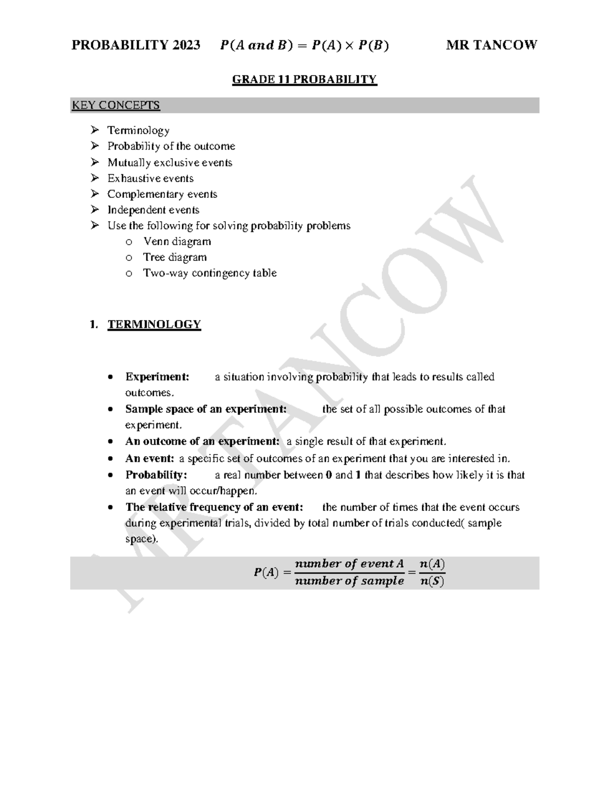 Grade 11 Probability by Mr Tancow - GRADE 11 PROBABILITY KEY CONCEPTS ...