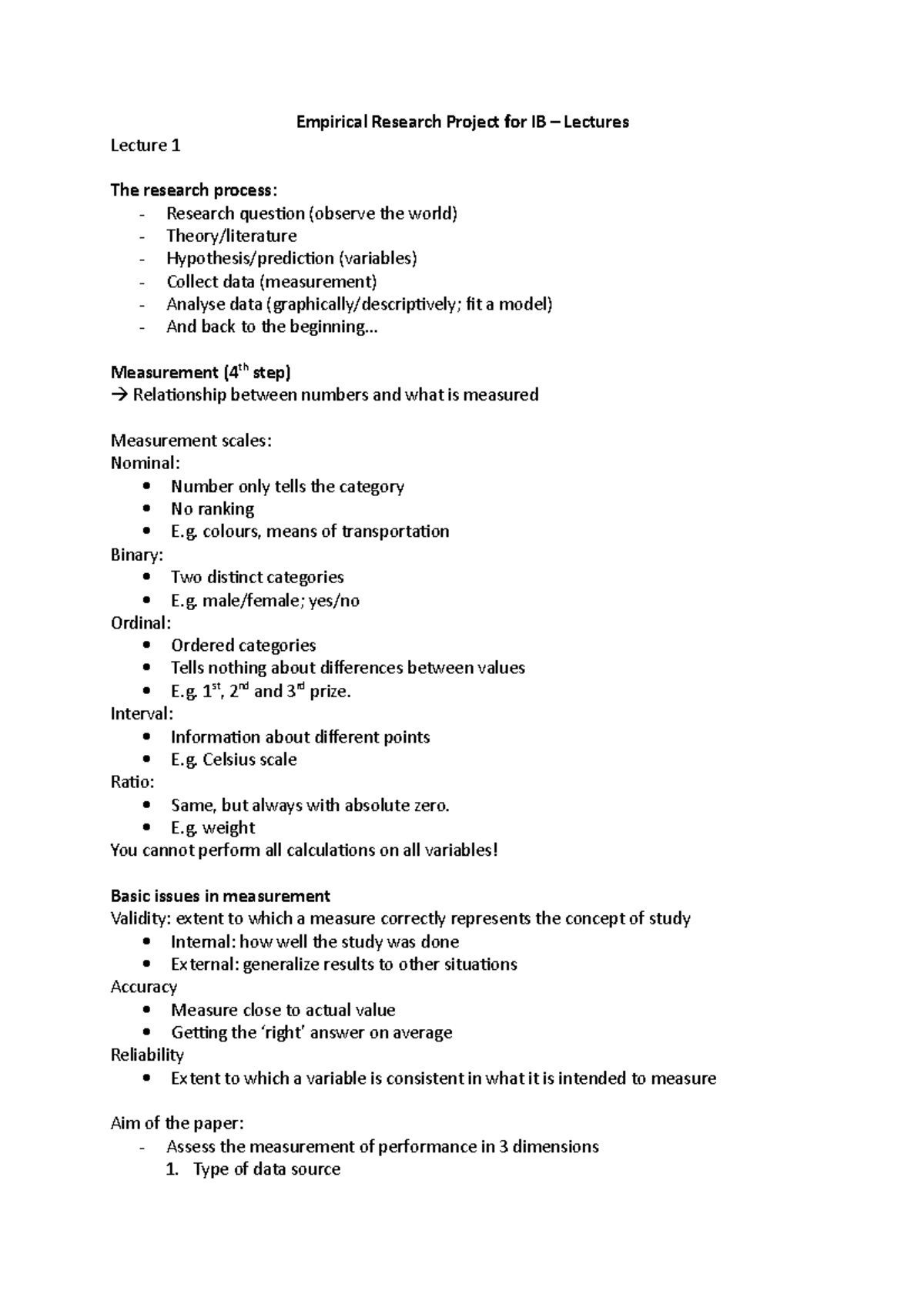Summary final exam ERP 17/18 - Empirical Research Project for IB Lectures Lecture 1 The research ...