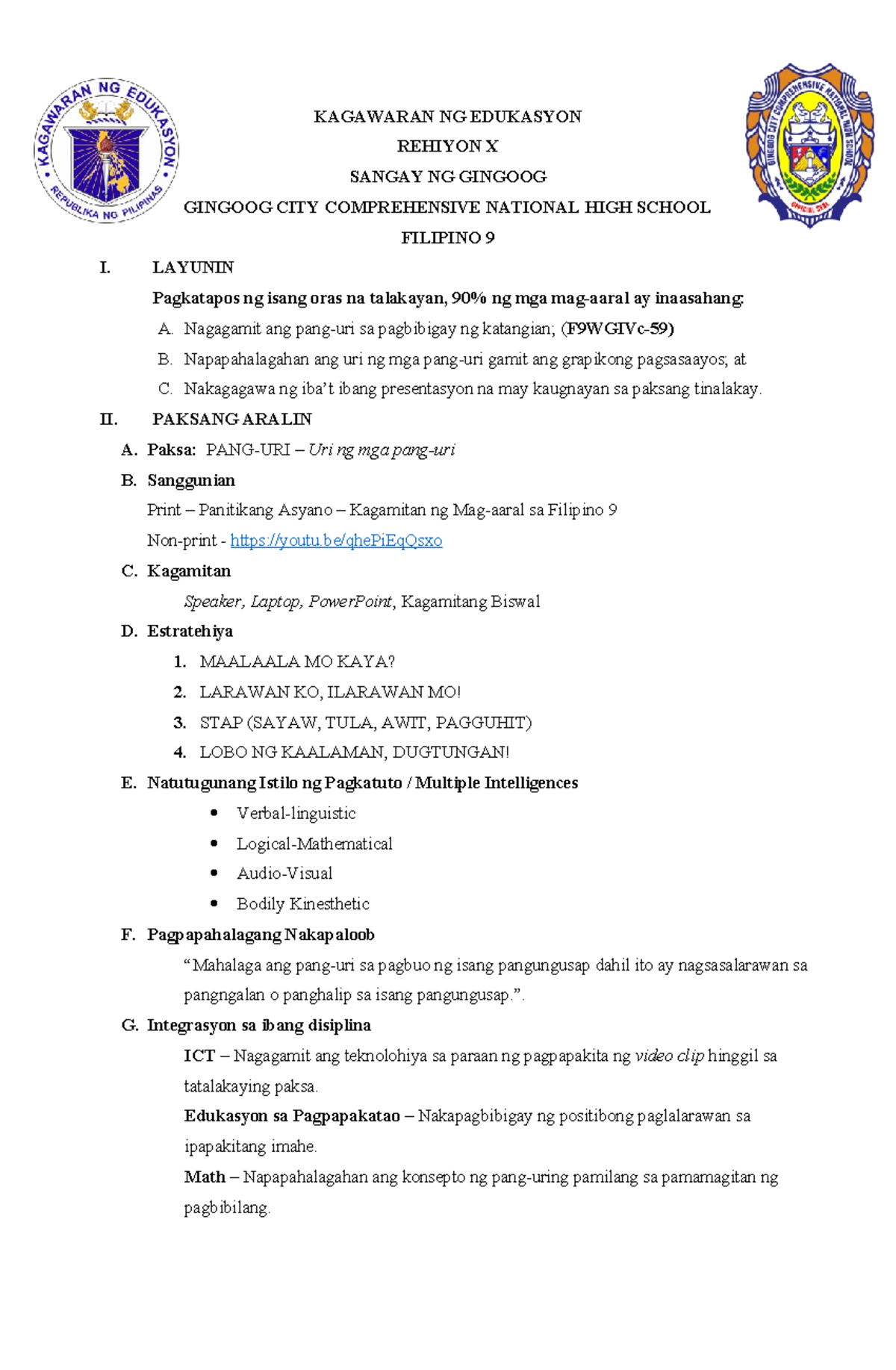 PANG URI - filipino lesson activity,assessment, performance task ...