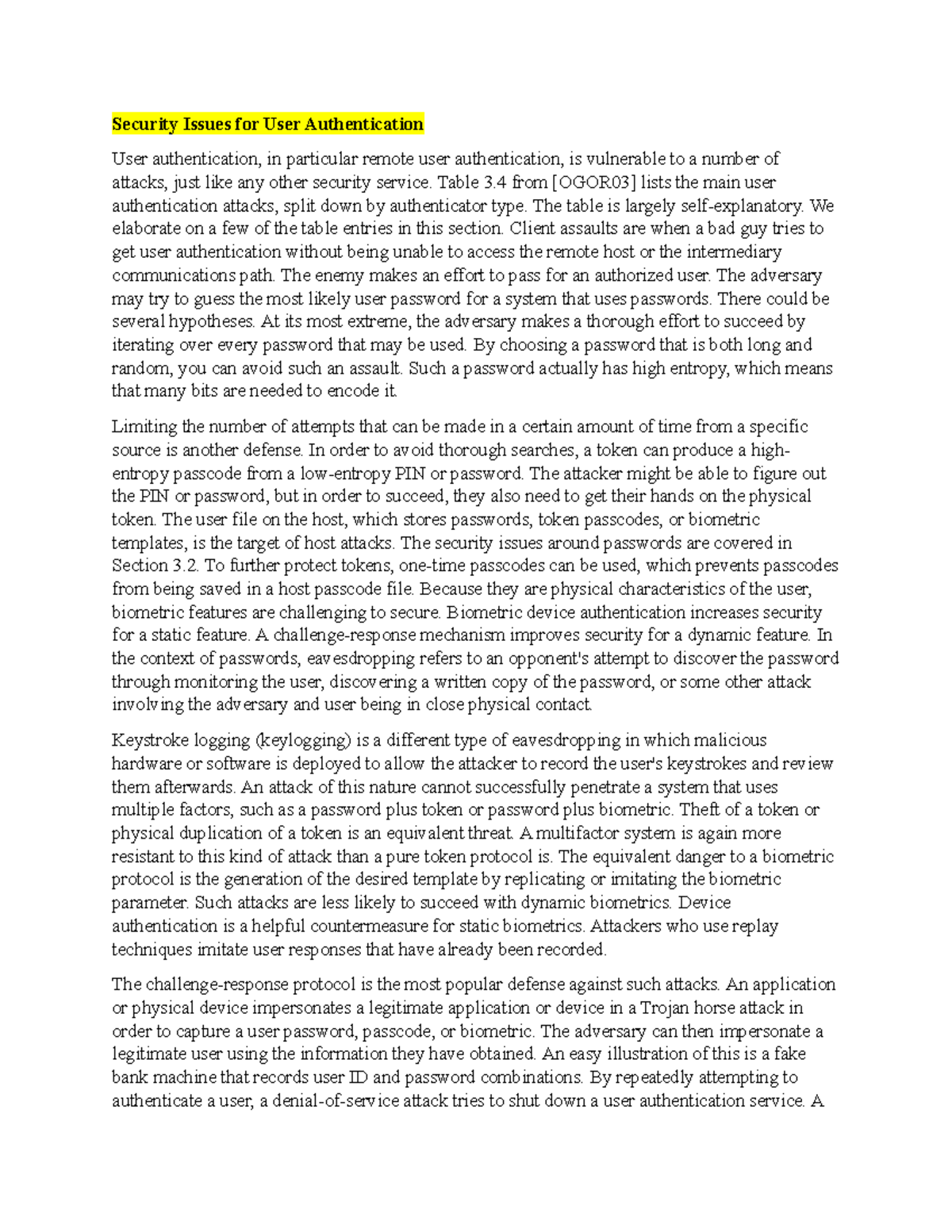 Security Issues for User Authentication - Table 3 from [OGOR03] lists ...