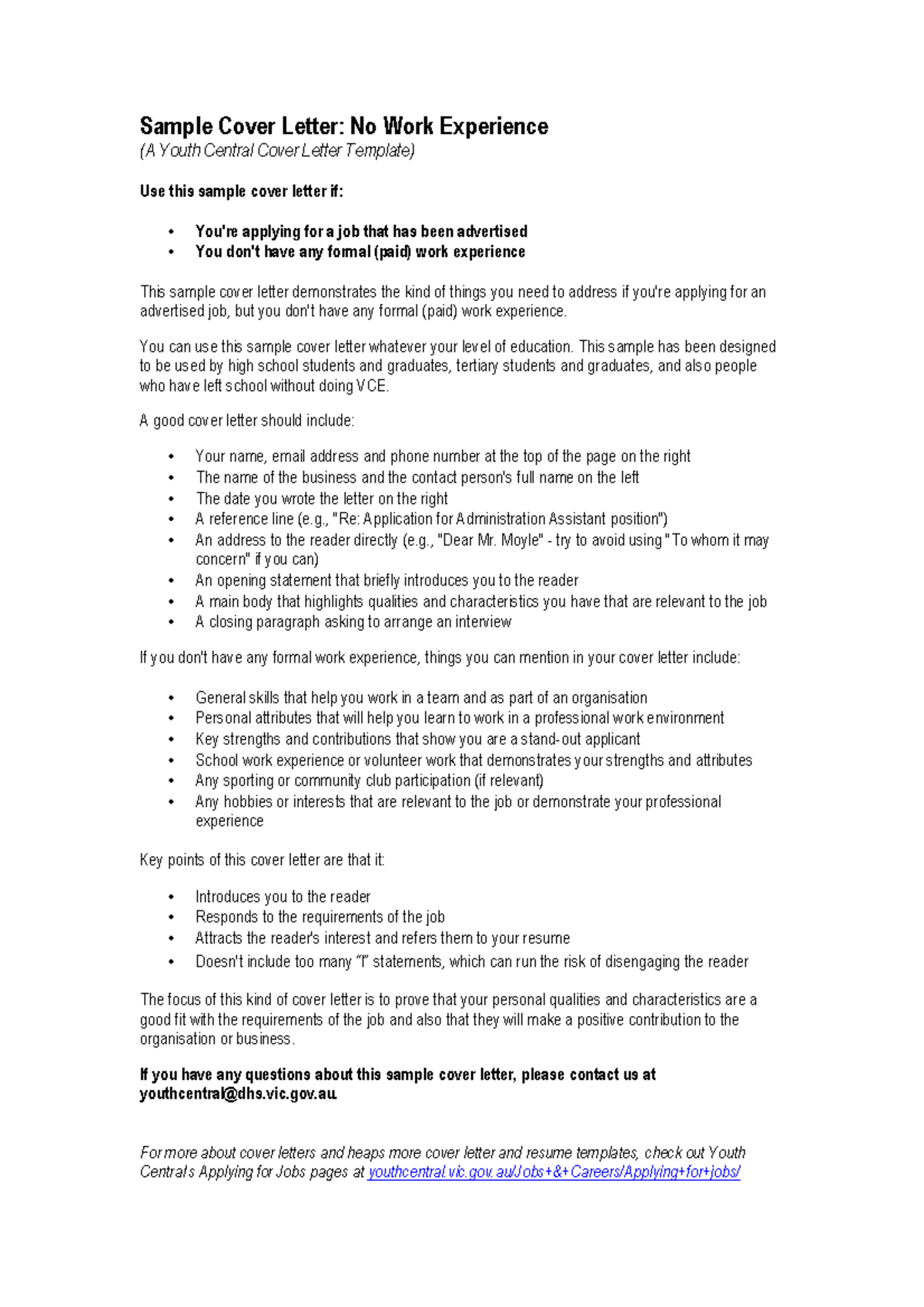 Youth Central Cover Letter No Work Experience - Sample Cover Letter: No ...