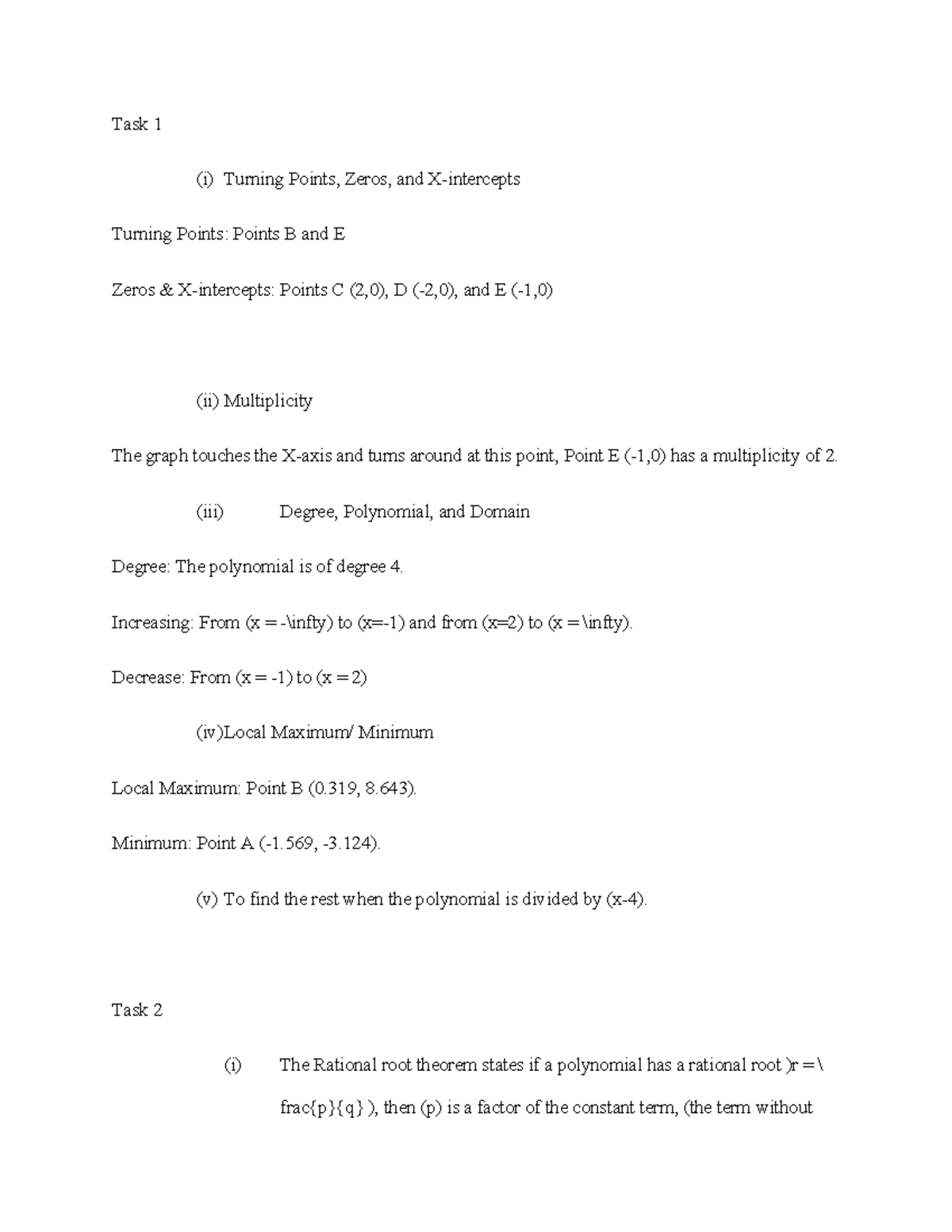 Functions - Math Assignment unit 4 - Task 1 (i) Turning Points, Zeros, and X-intercepts Turning ...