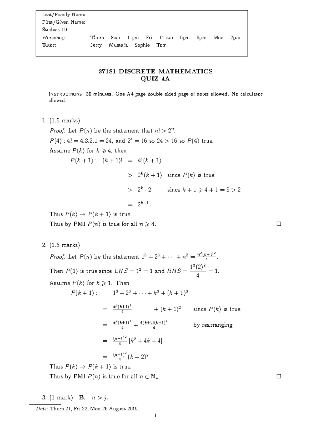 Solution-quiz4 - Work - 37181 DISCRETE MATHEMATICS QUIZ 4A Instructions ...