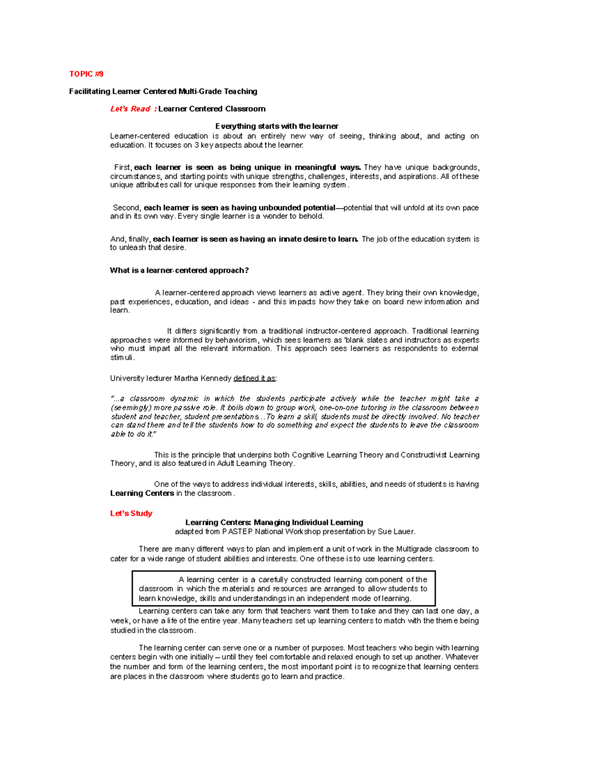 Topic# 9 Facilitating Learner Centered Multi- Grade Teaching - TOPIC ...