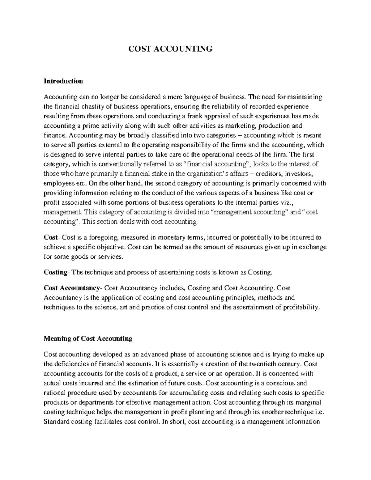 COST Accounting - It's lecture notes - COST ACCOUNTING Introduction ...