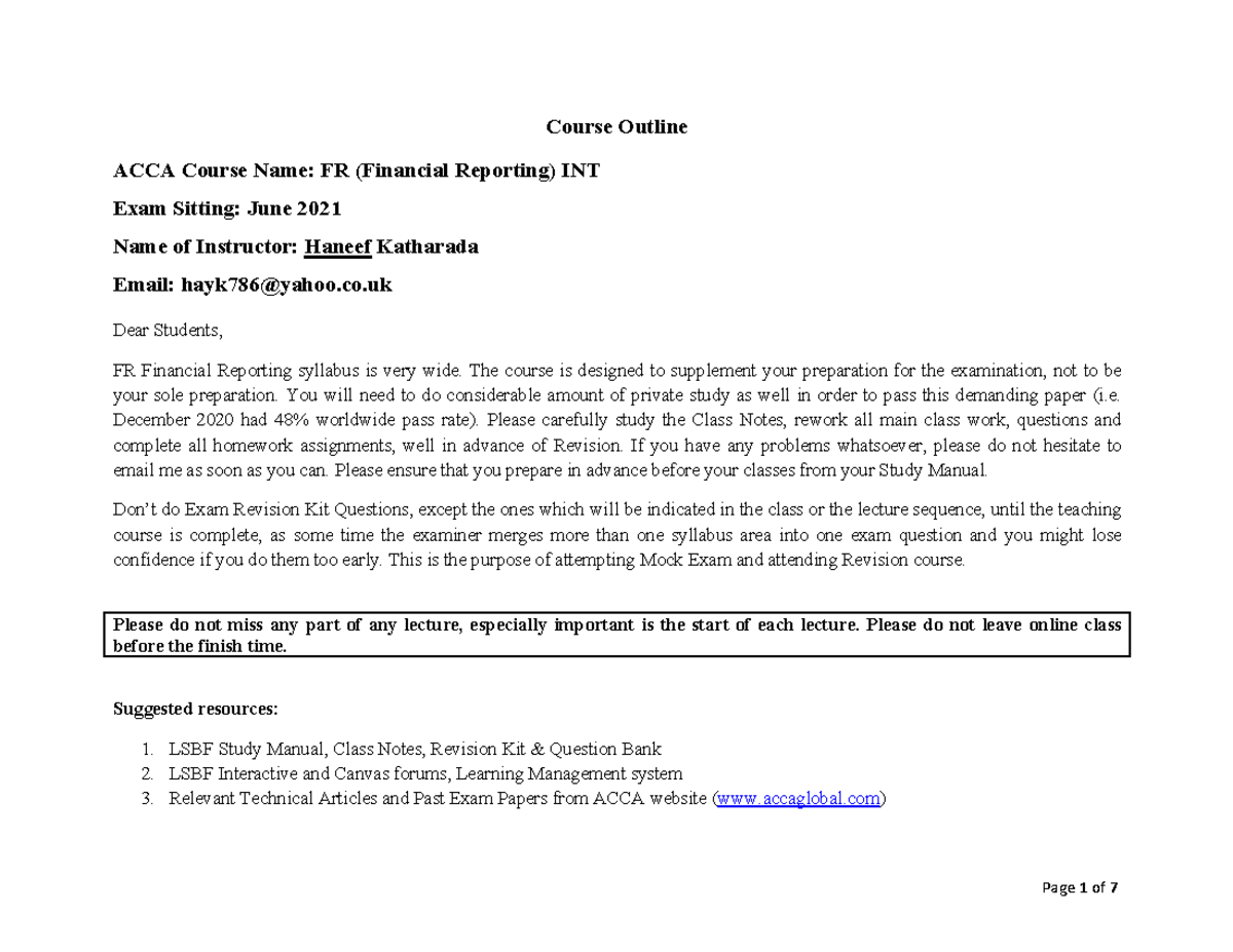 Financial Reporting Course Outline - June 2021 Exam-2 - Course Outline ...
