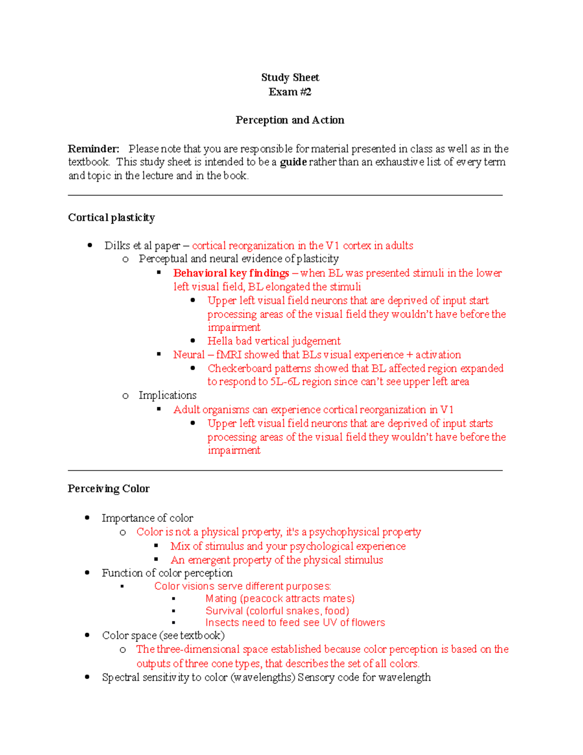 Exam 2 - study sheet 2019 - Study Sheet Exam # Perception and Action ...