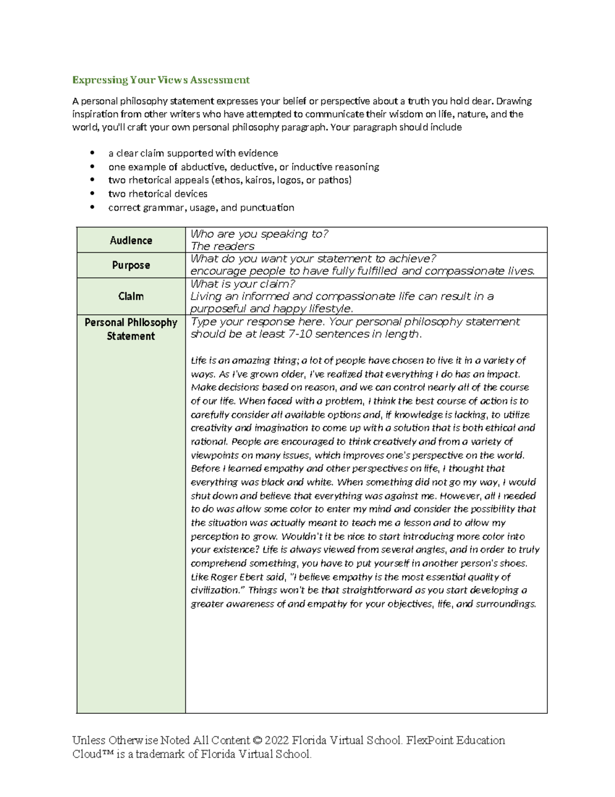 Expressing your views assess rubric - Expressing Your Views Assessment ...