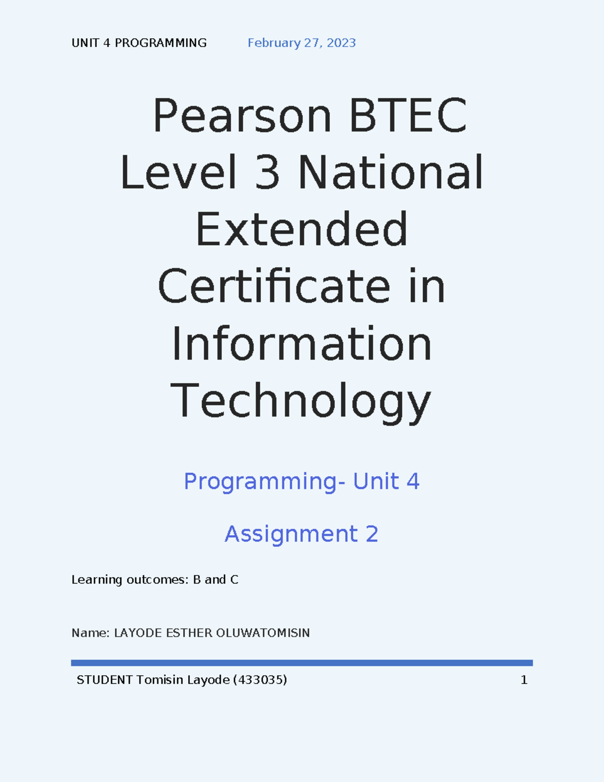 UNIT 4 Programming Assignment B&C - Pearson BTEC Level 3 National ...