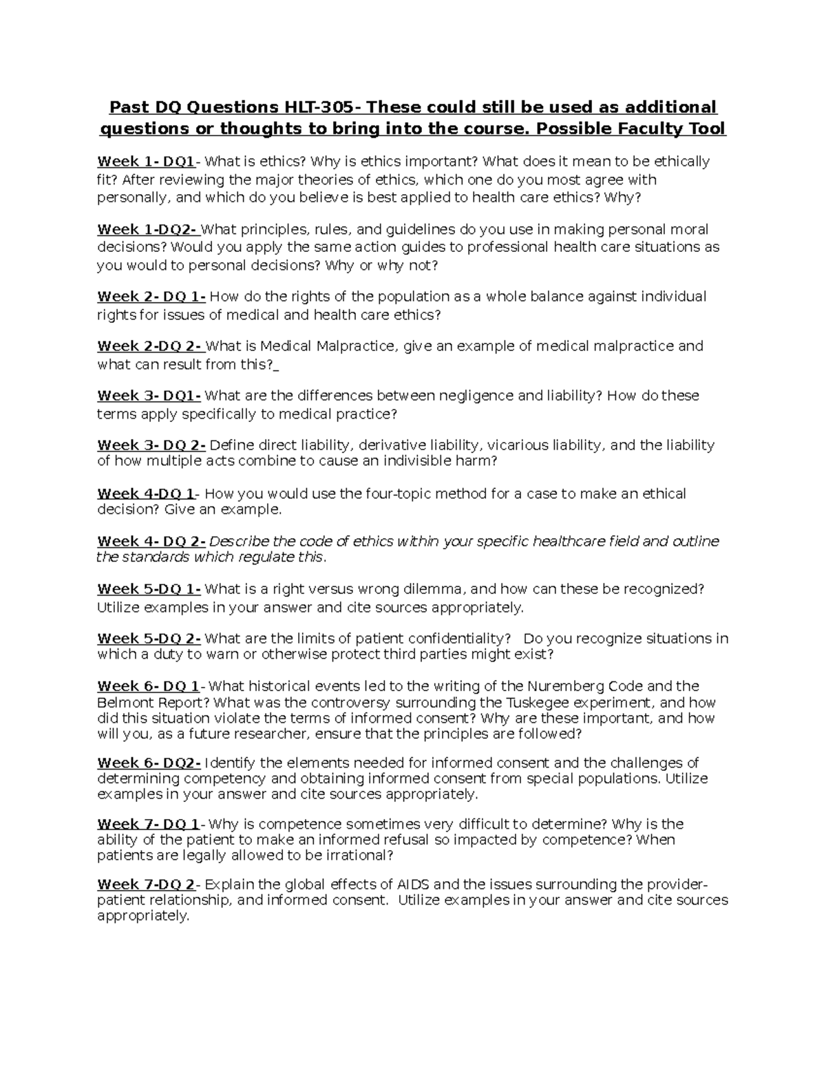 Additional DQ Questions-Faculty Tool - Past DQ Questions HLT-305- These ...