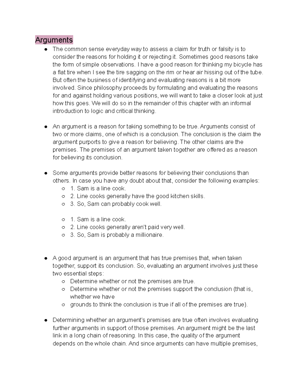 Philosphy - Part 3 - Notes - Arguments The common sense everyday way to ...