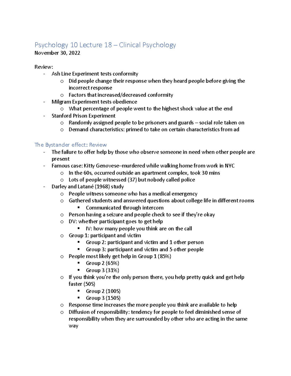 psych 10 lecture 18 - Psychology 10 Lecture 18 – Clinical Psychology ...
