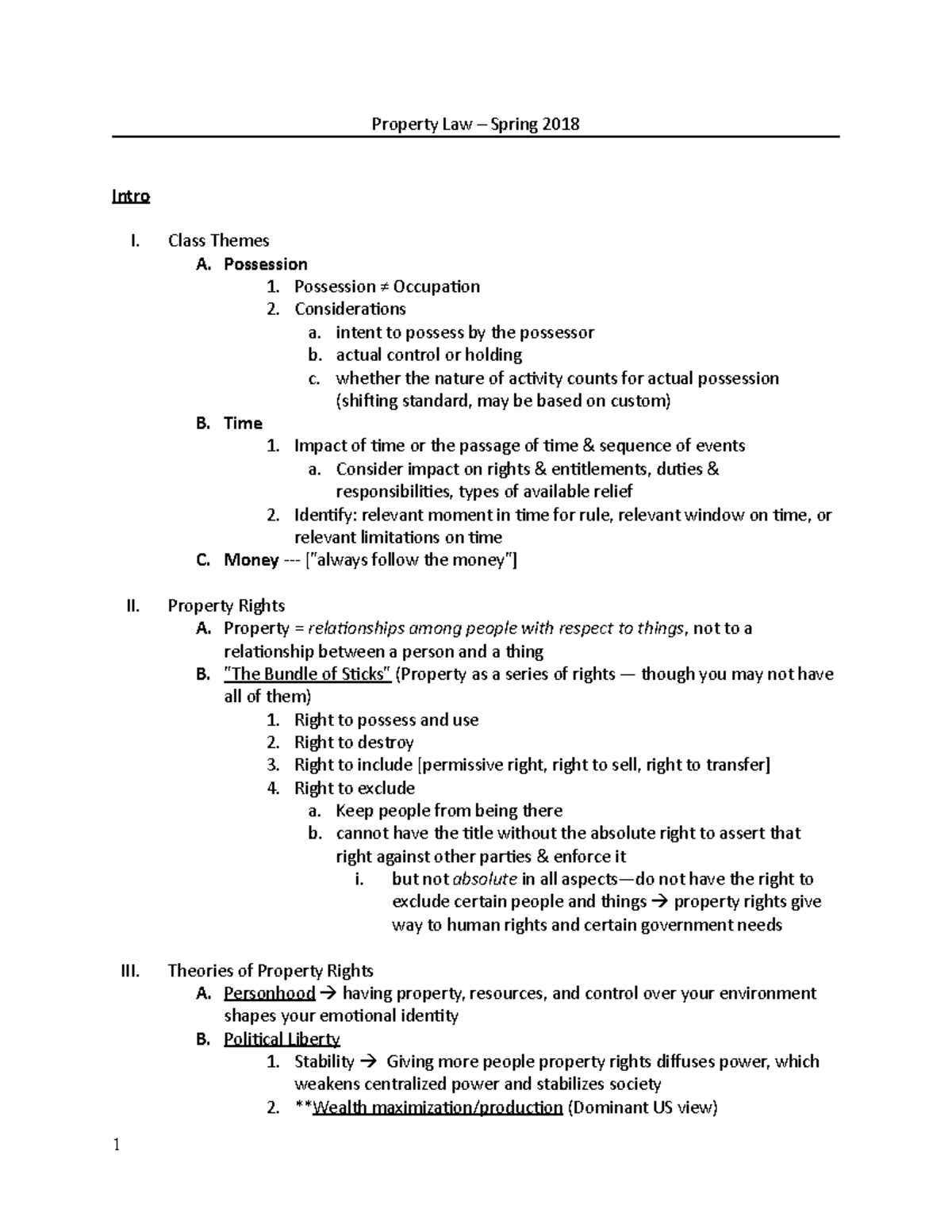 Property Law Outline - Spring 2019 - Property Law – Spring 2018 Intro I ...