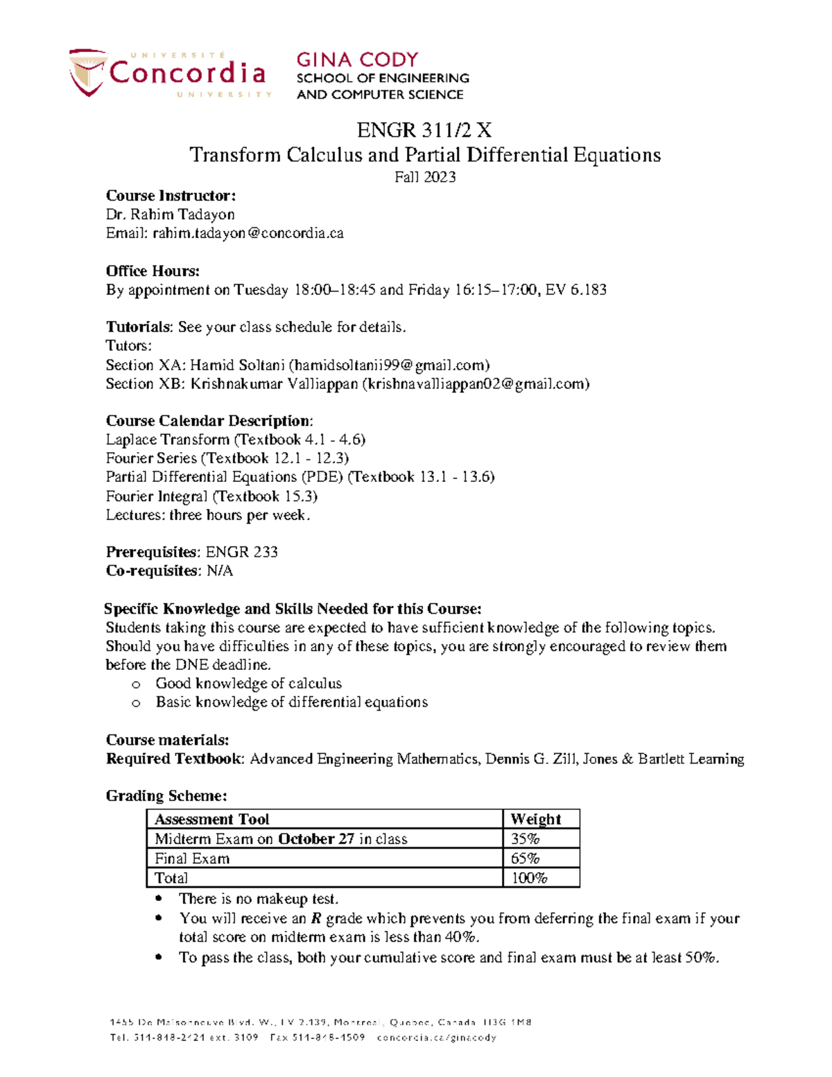 Course Outline ENGR 311 - 2023 - ENGR 311/2 X Transform Calculus and Partial Differential ...