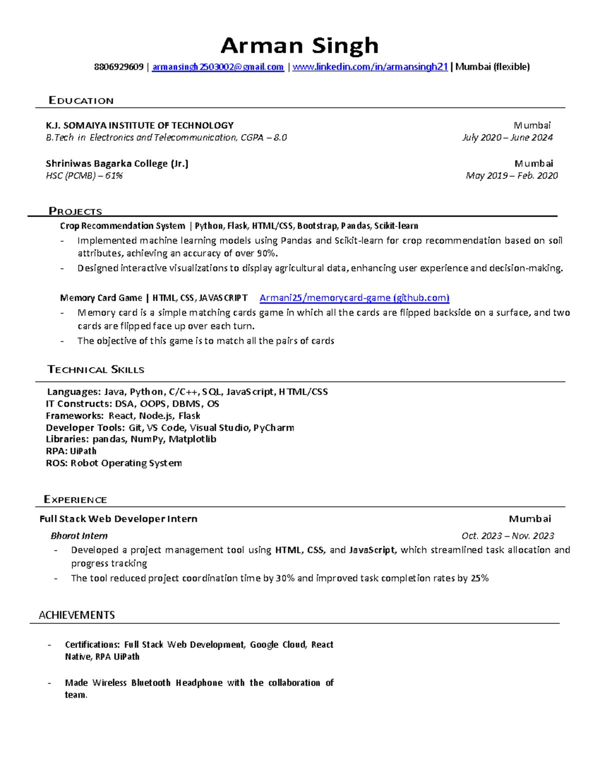 Resume Format for freshers - Arman Singh 8806929609 | armansingh2503002 ...
