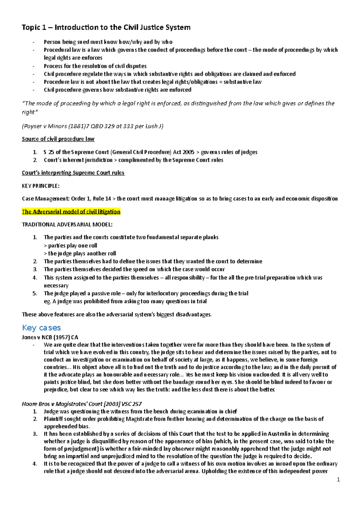 Civil procedure topic notes - Topic 1 – Introduction to the Civil ...