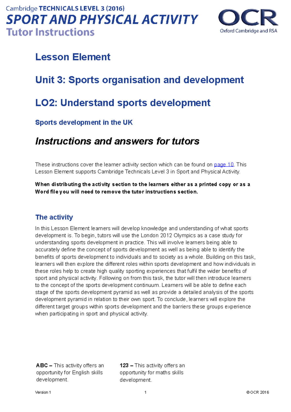 317606-sports-development - Lesson Element Unit 3: Sports organisation ...