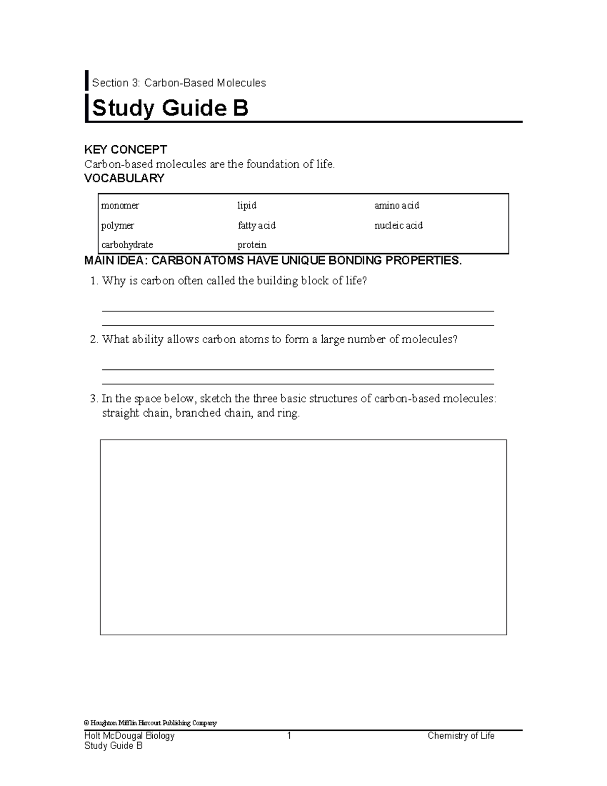 Study guide carbon based molec - Section 3: Carbon-Based Molecules ...