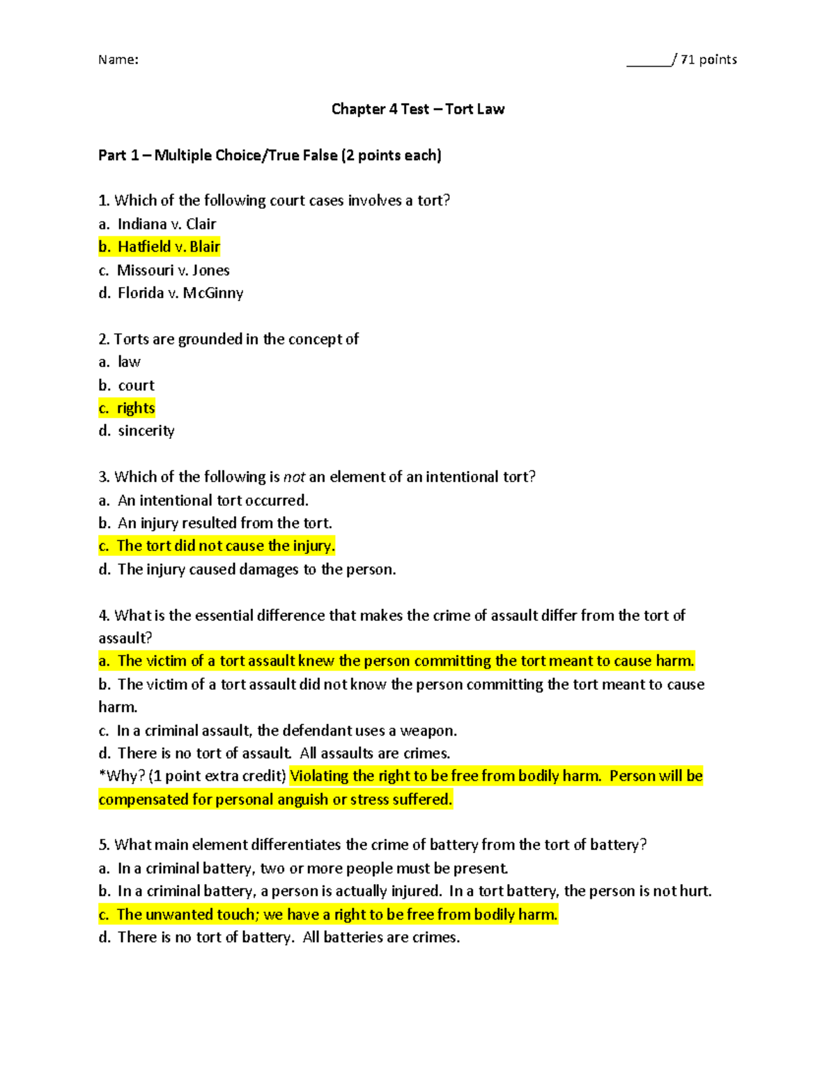 Summ Assess Assessment 2 Tort Law - Chapter 4 Test ñ Tort Law Part 1 ñ ...