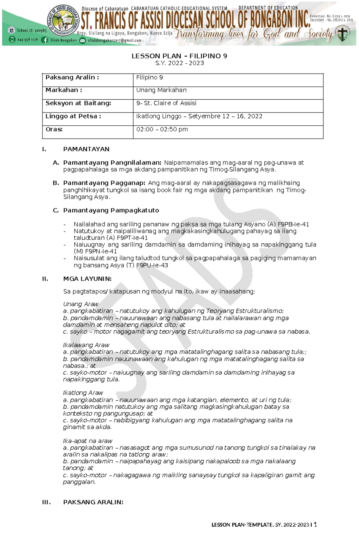 LP Proposal Filipino 9 Q1 W3 JHS TR Joshua Revised - S. 2022 - 2023 ...