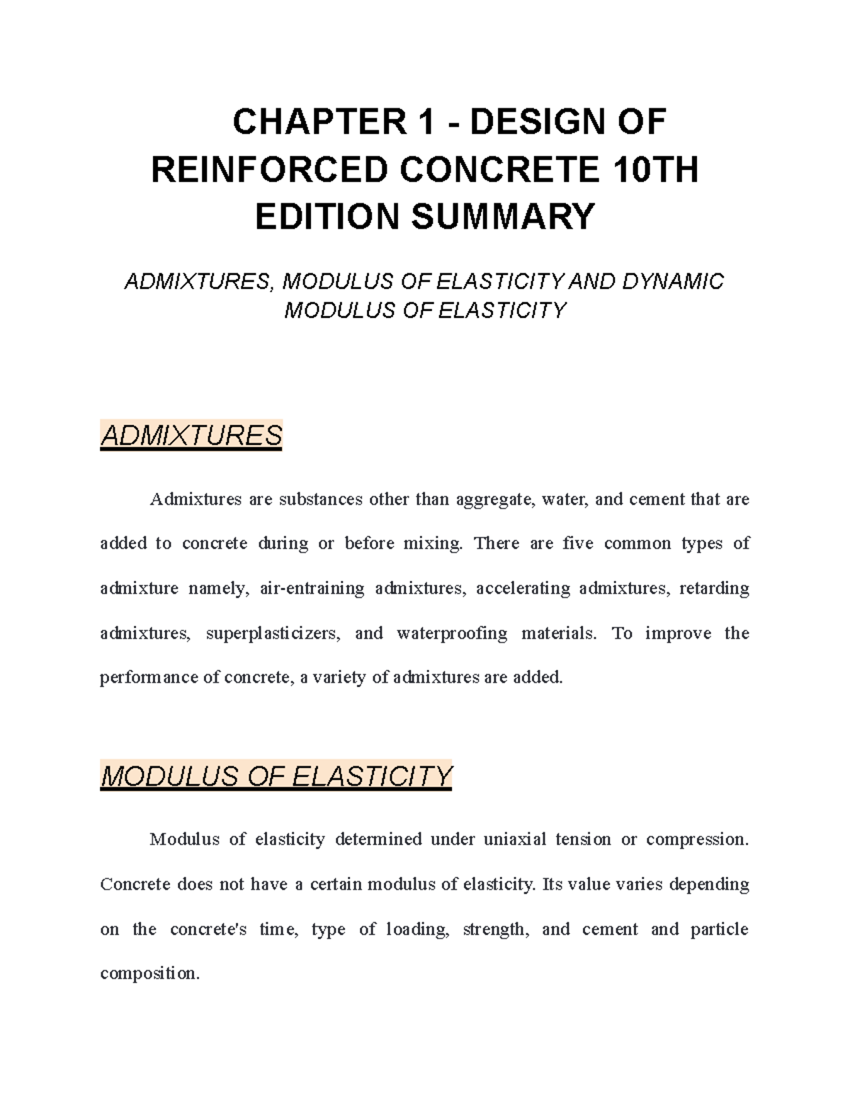 Admixtures, AND Modulus OF Elasticity - Design OF Reinforced Concrete ...