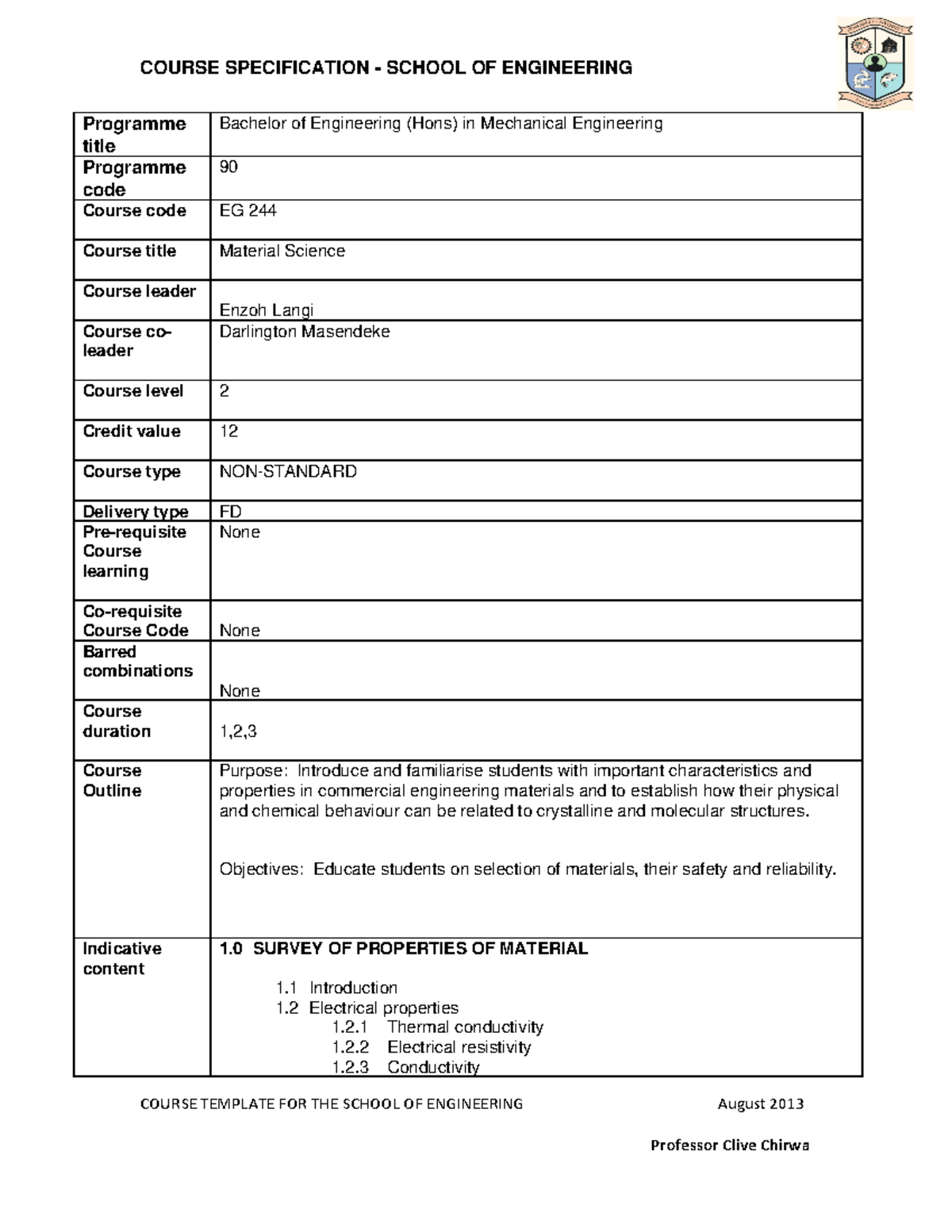 EG 244 Course Outline - Note - COURSE TEMPLATE FOR THE SCHOOL OF ...